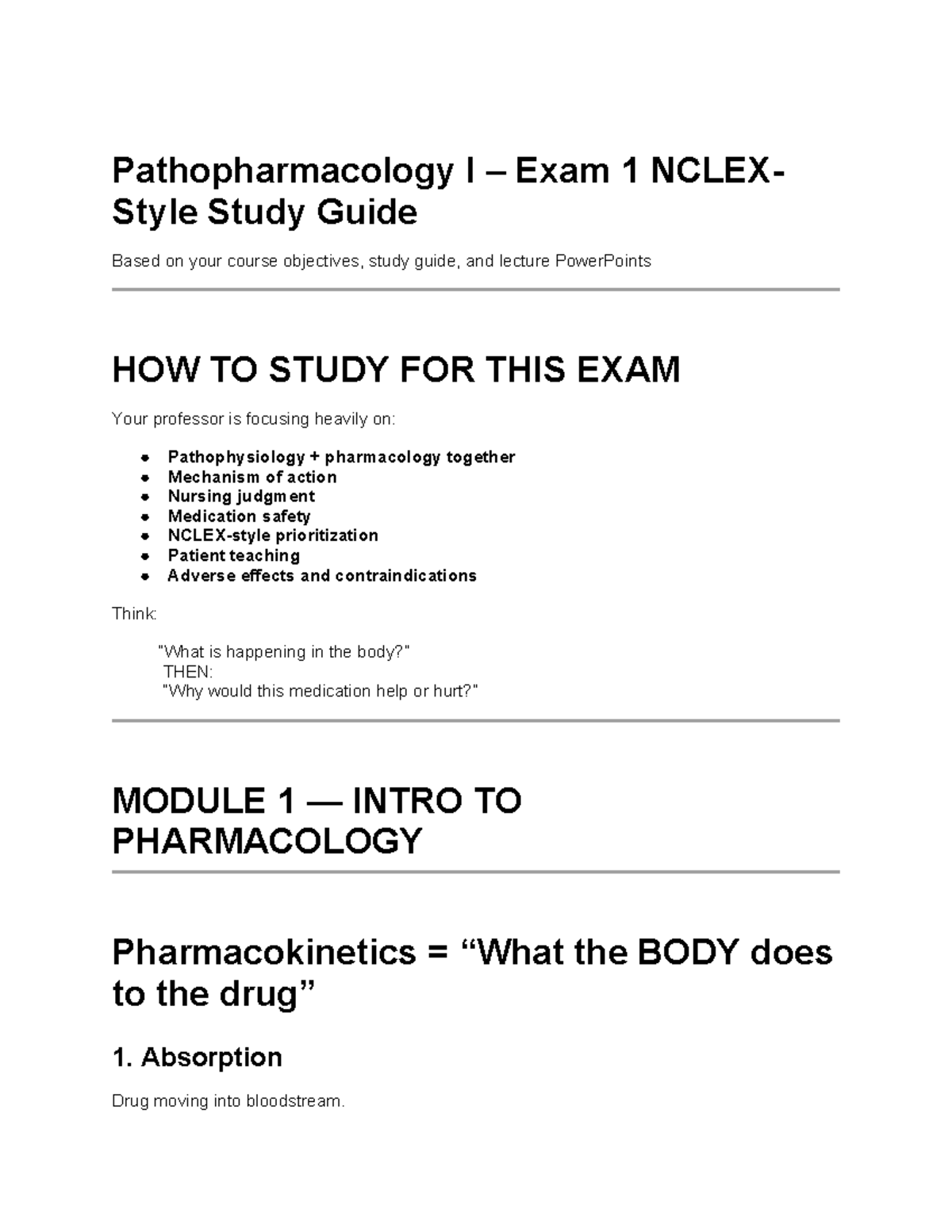 Pathopharmacology I Exam 1 NCLEX Study Guide: Key Concepts & Tips - Studocu