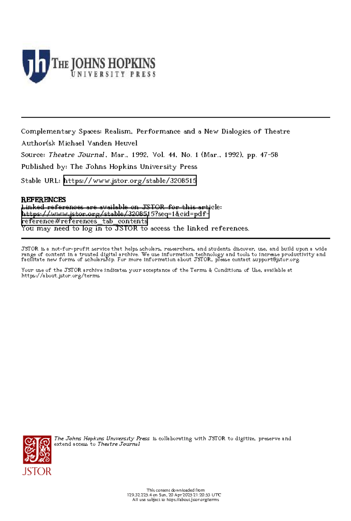 Complementary Spaces: Realism and Performance in Theatre Dialogics ...