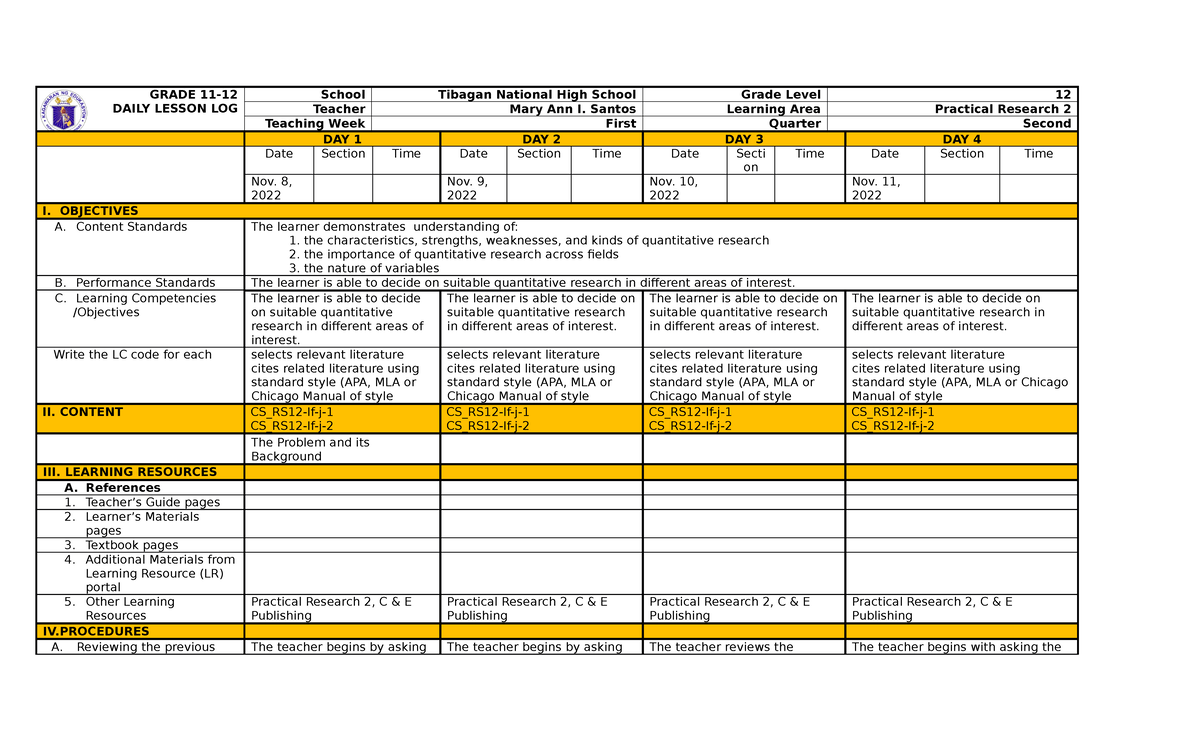 PR2 Q21st week - Lesson plan in practical research 2 - GRADE 11- DAILY ...