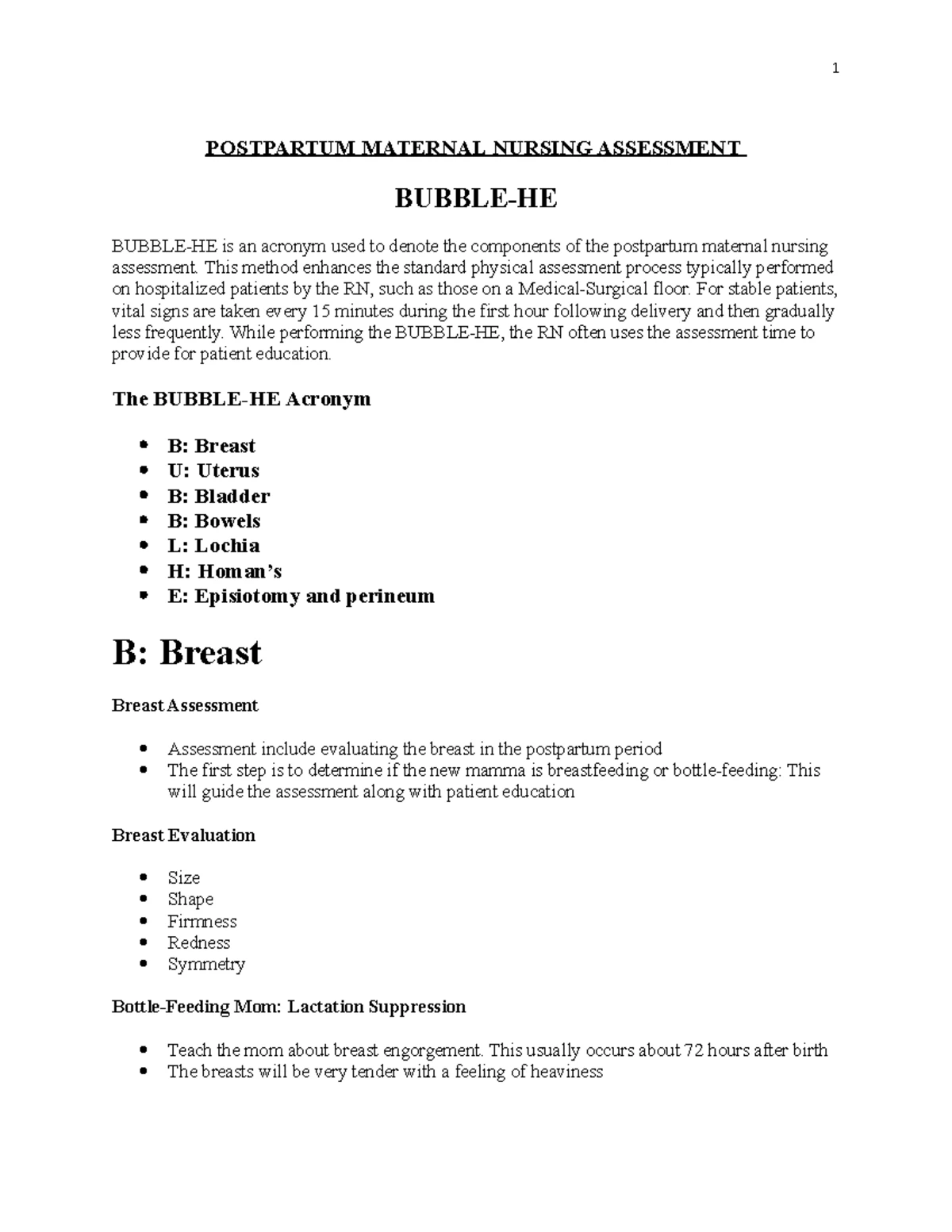 Postpartum Assessment Guide Bubble-HE - POSTPARTUM MATERNAL NURSING ASSESSMENT BUBBLE-HE BUBBLE ...