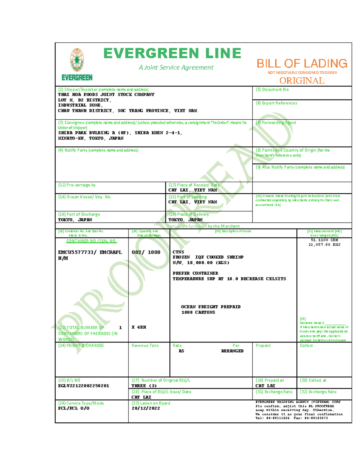 BILL OF Lading for Thai Hoa Foods - EVERGREEN LINE Document - Studocu