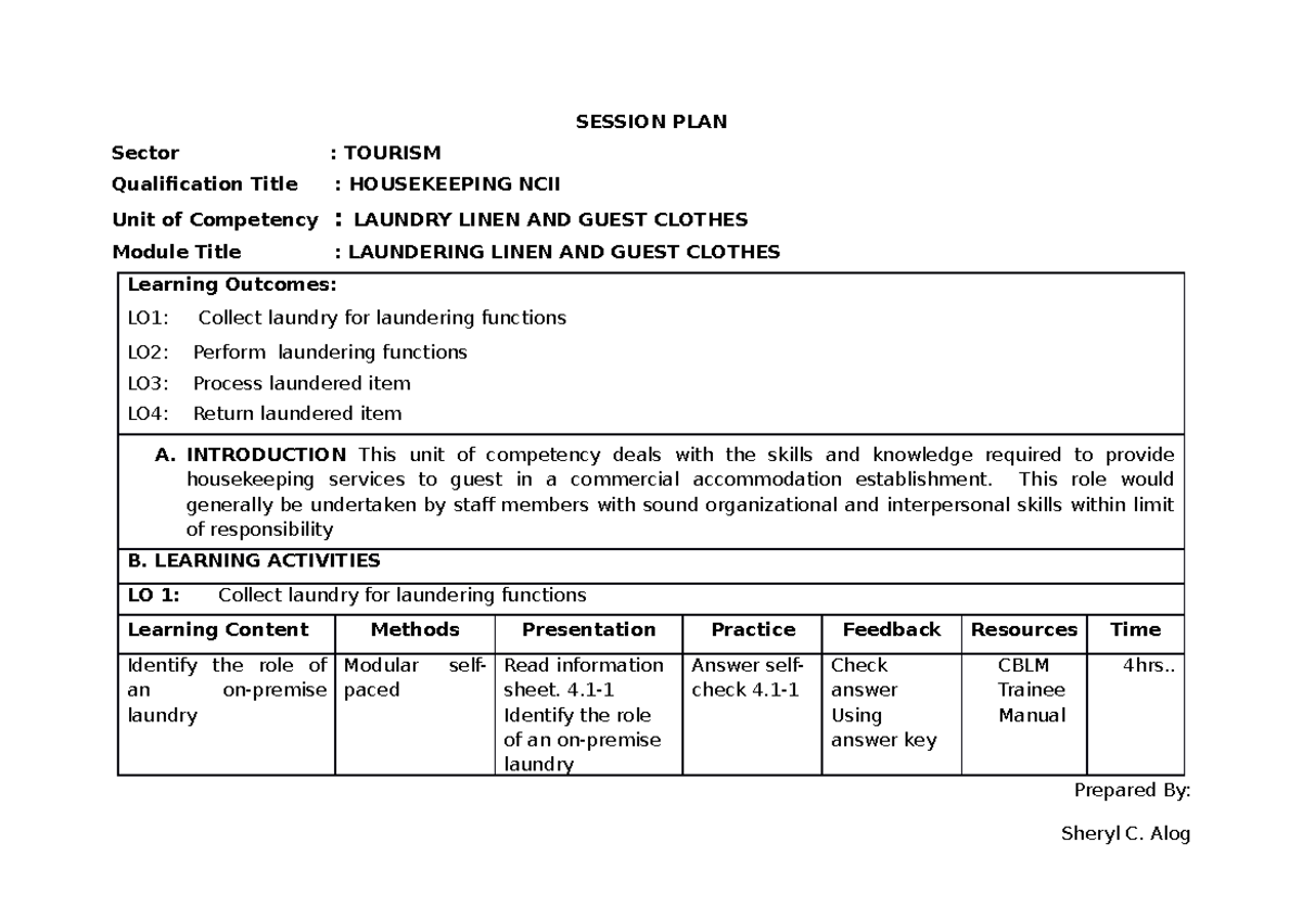 UC 4 Housekeeping Session Plan: Laundry Linens Training Guide - Studocu