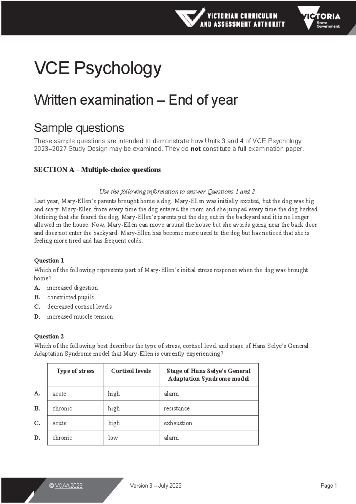 VCAA Sample Exam - VCE Psychology Theory & Practice Questions 2023 ...