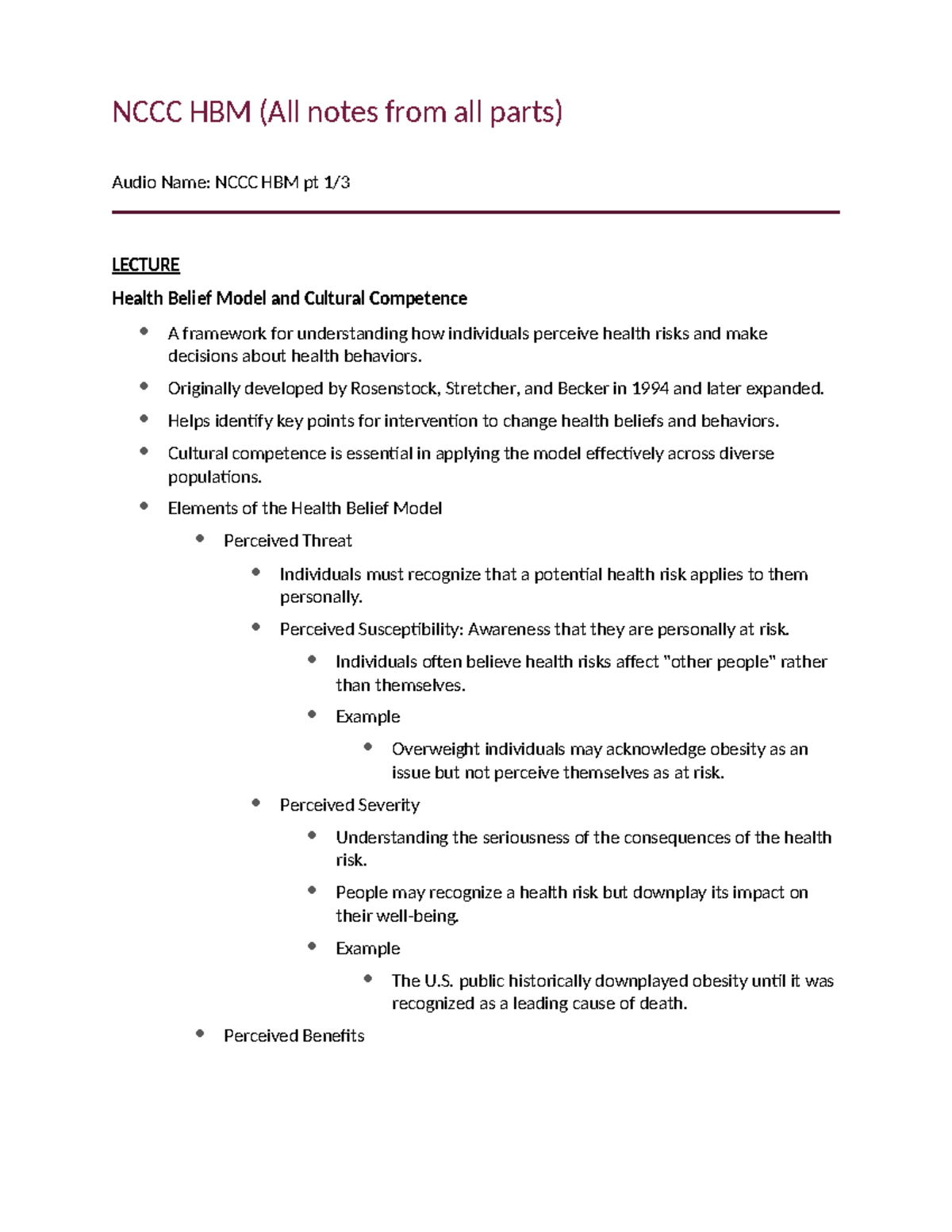 NCCC HBM Lecture Notes: Health Belief Model & Cultural Competence ...