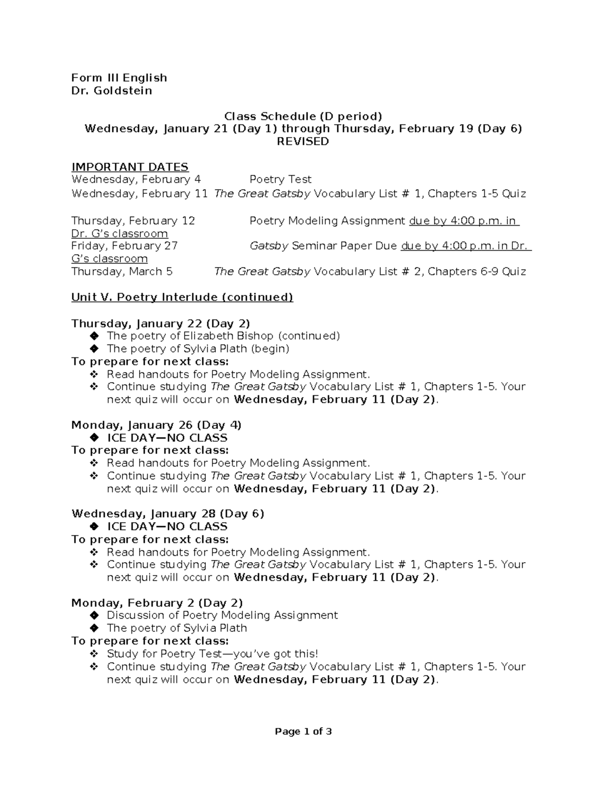 English Class Schedule (D Period) Jan 21 - Feb 19, 2023 - Studocu