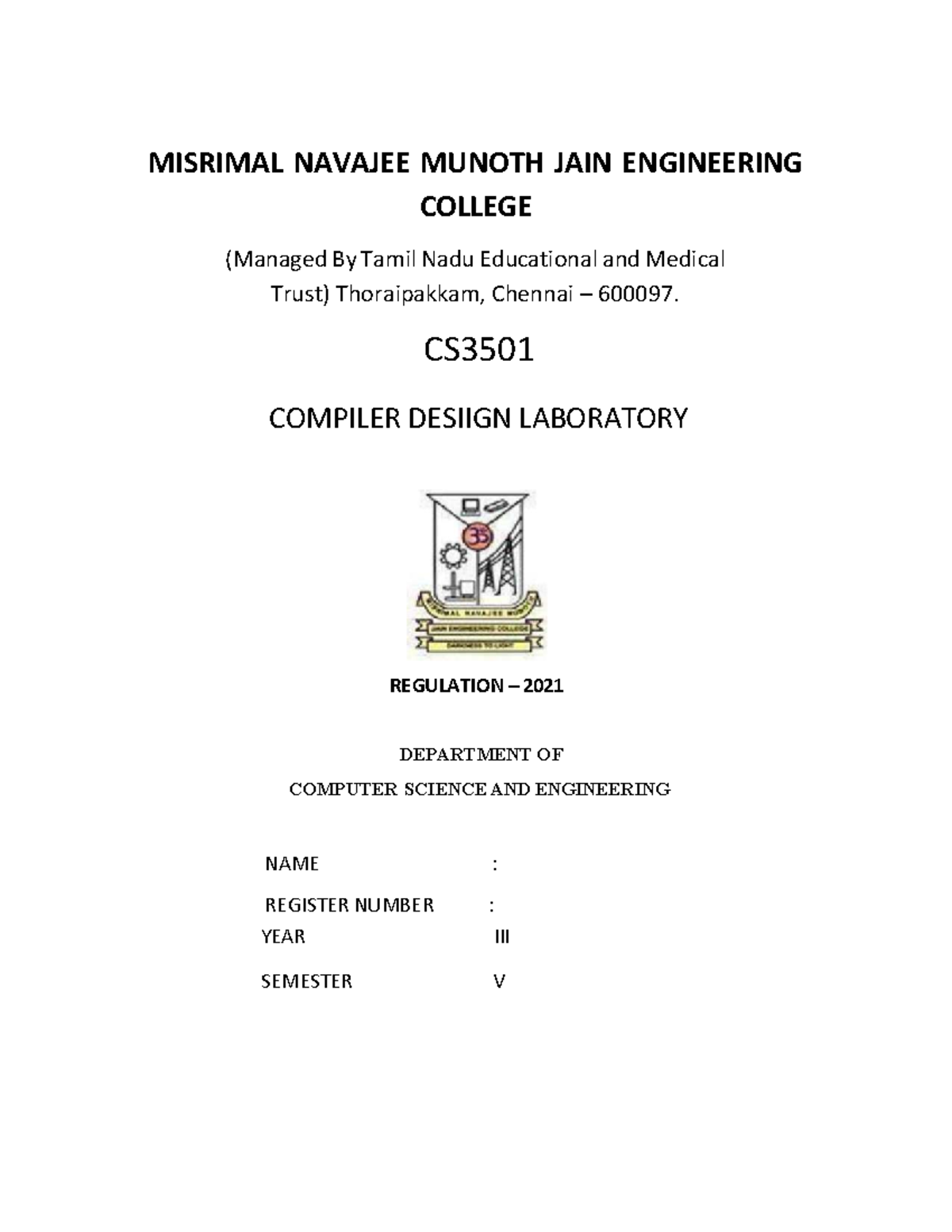 CS3501 Compiler Design Lab Report: Lexical Analyzer Implementation ...