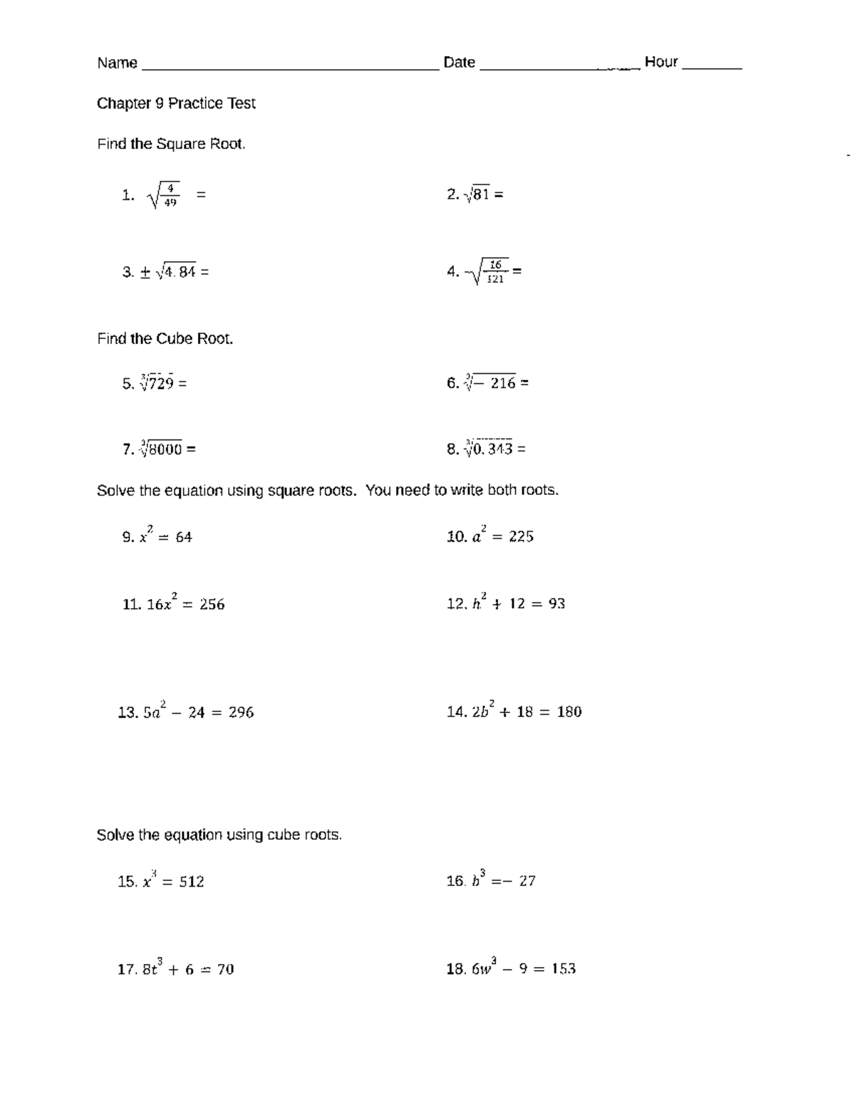 Chapter 9 Practice Test-1 - Name Date Hour Chapter 9 Practice Test Find ...