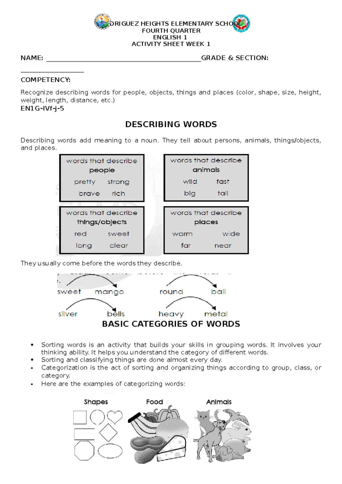 Quarter 4 Activity Sheet: English 1 - Week 2 Describing Words - Studocu