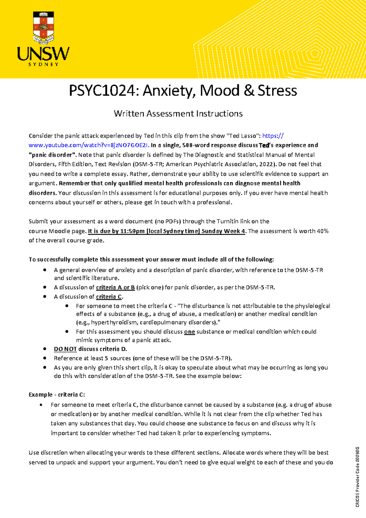 PSYC1024: Panic Disorder Analysis - Written Assessment Guidelines - Studocu