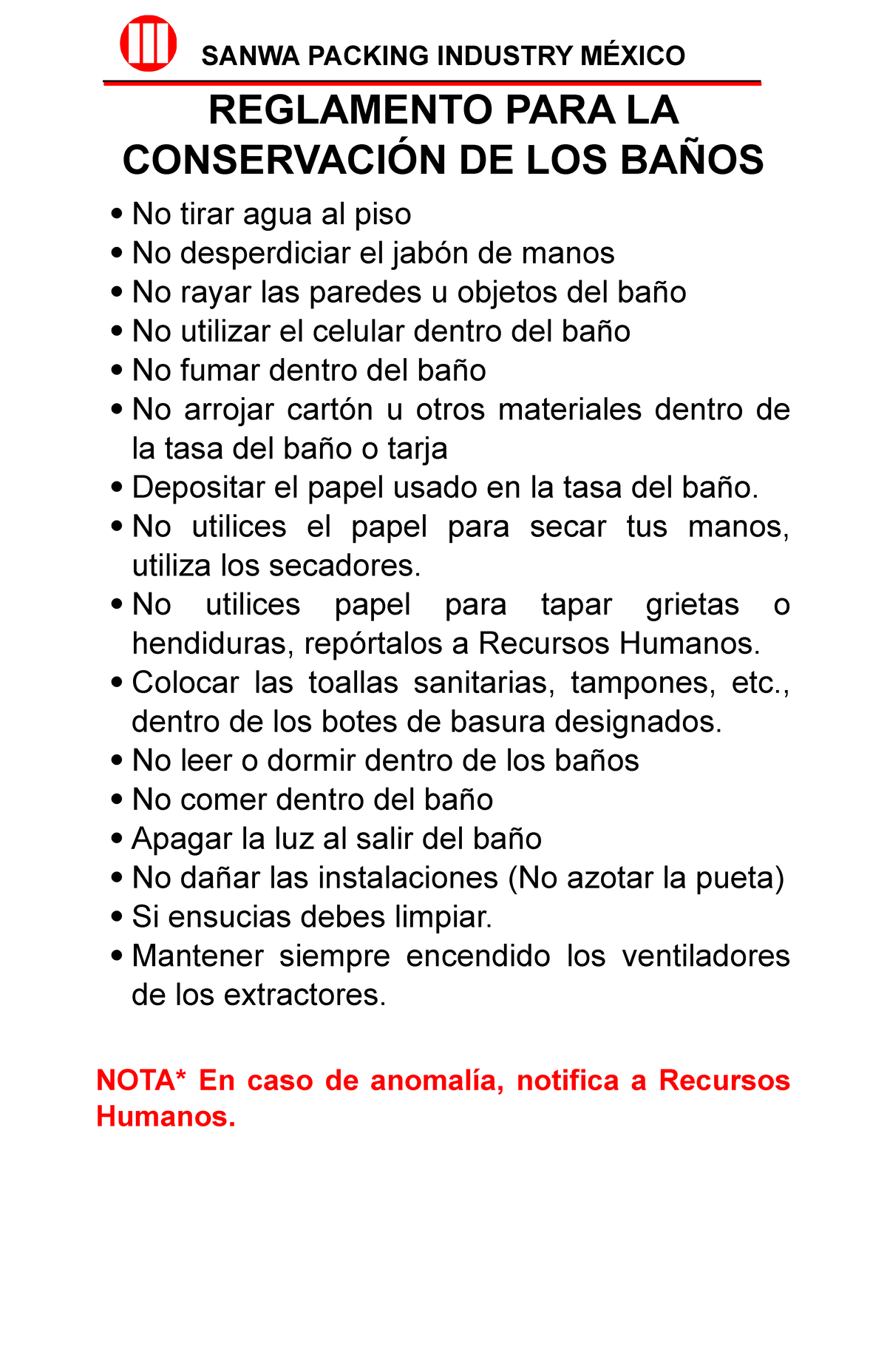 Reglamento de Uso de Baño en SANWA PACKING INDUSTRY MÉXICO - Studocu