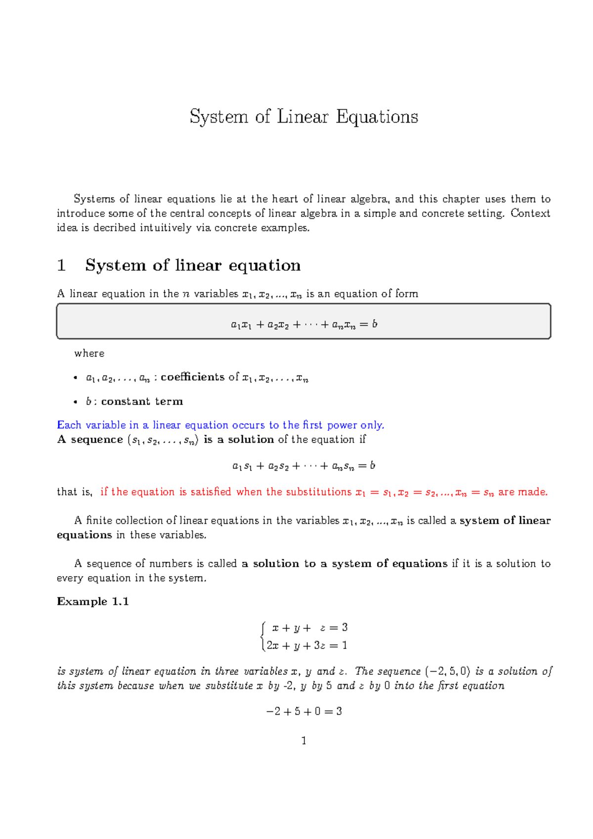 Linear Algebra: Systems of Linear Equations (Course Code: MATH101 ...