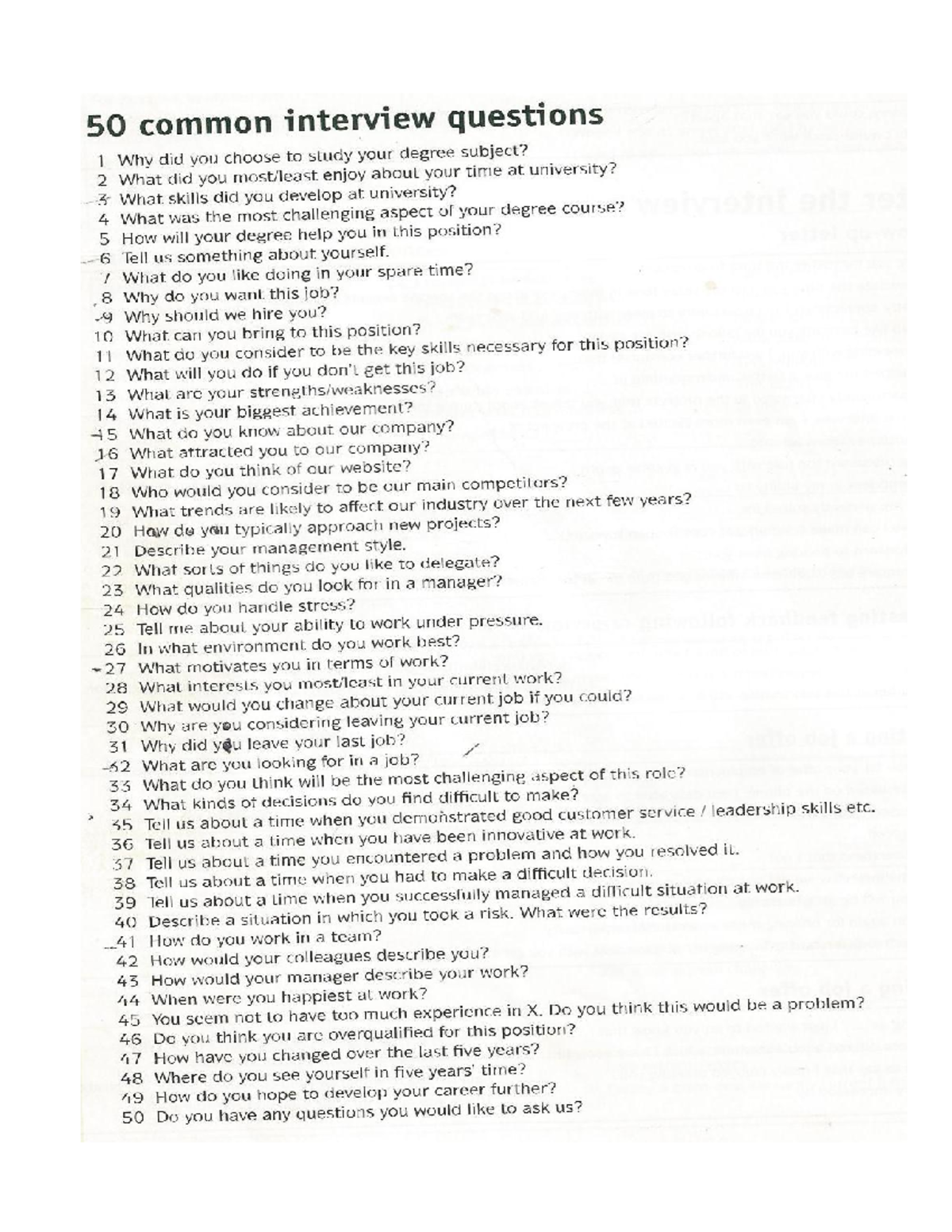 Interview Questions: 50 Common Queries for Job Candidates - Studocu