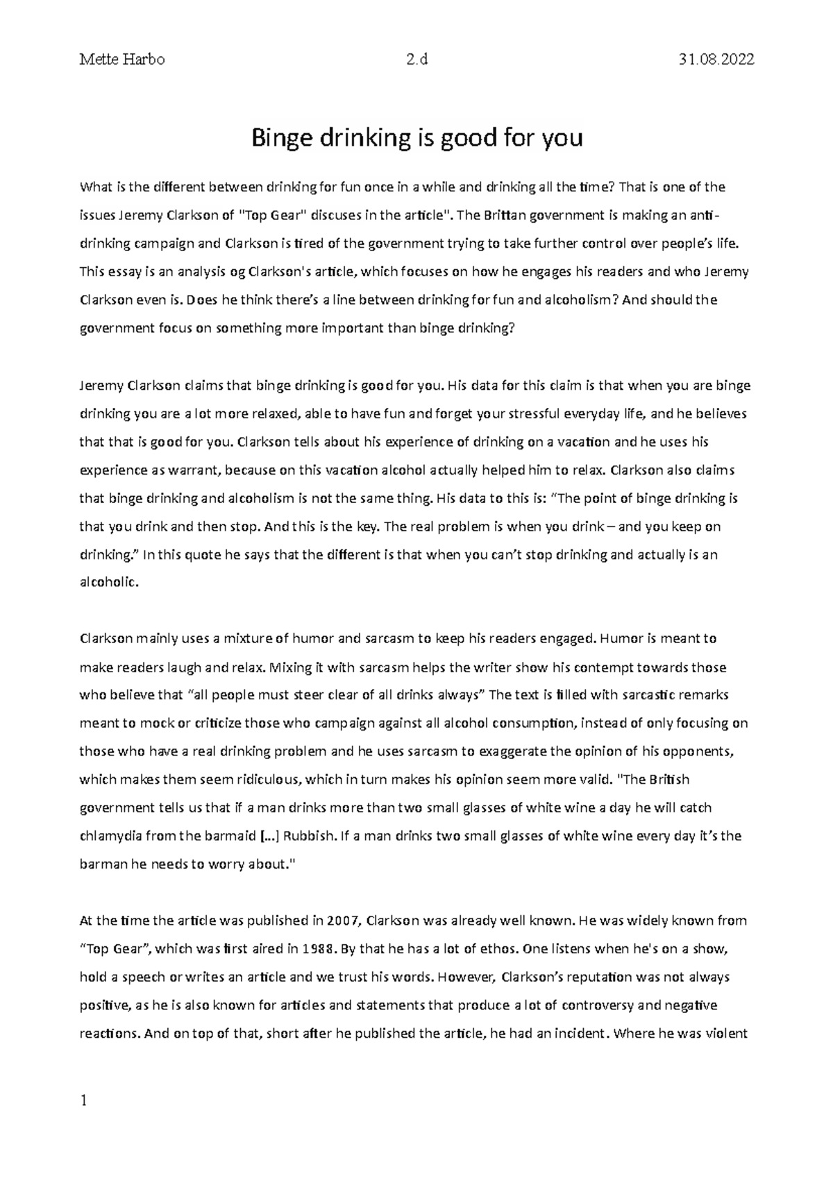 Binge Drinking: Analyzing Clarkson's Controversial Argument - Essay ...