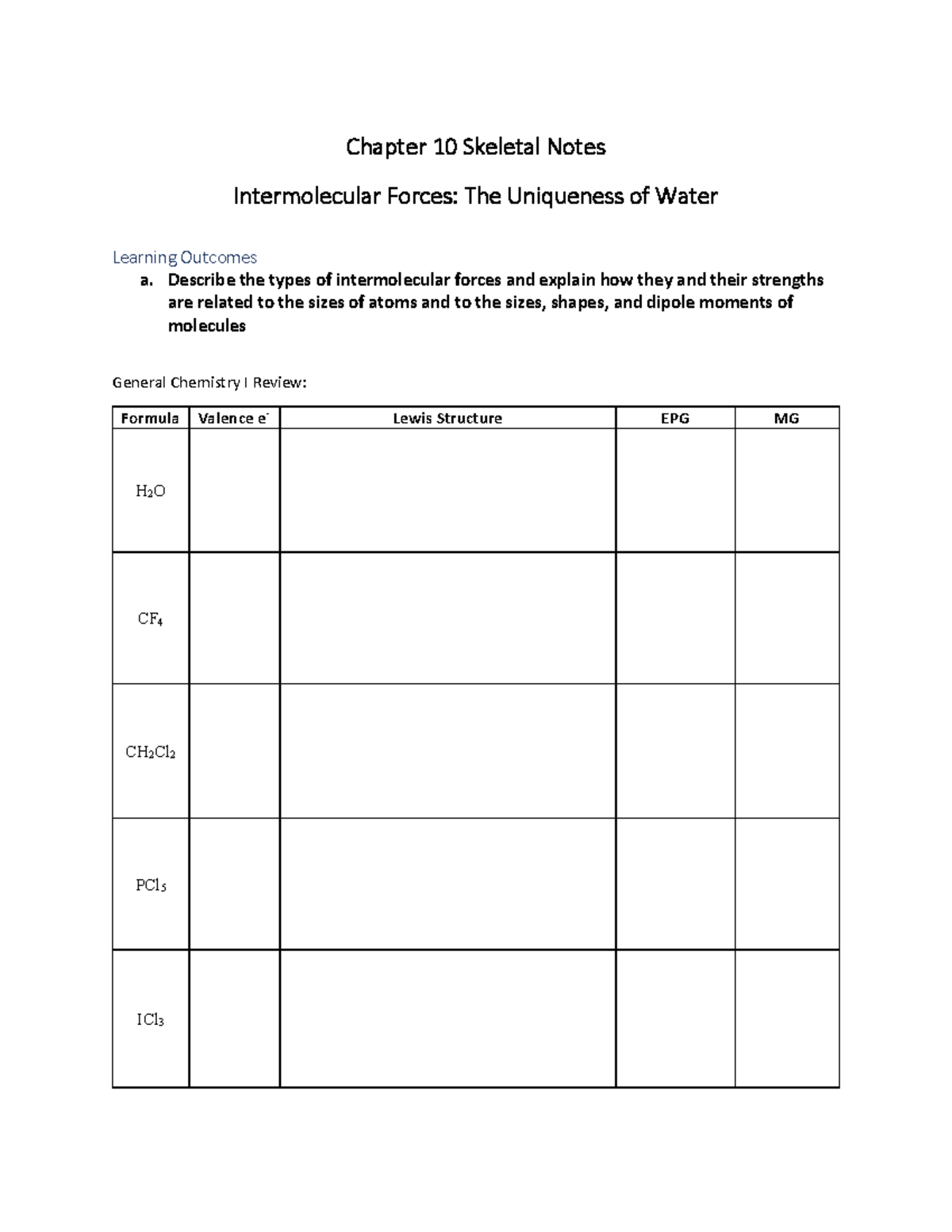 Chem 10 Chapter 10 Notes: Intermolecular Forces & Water - Studocu