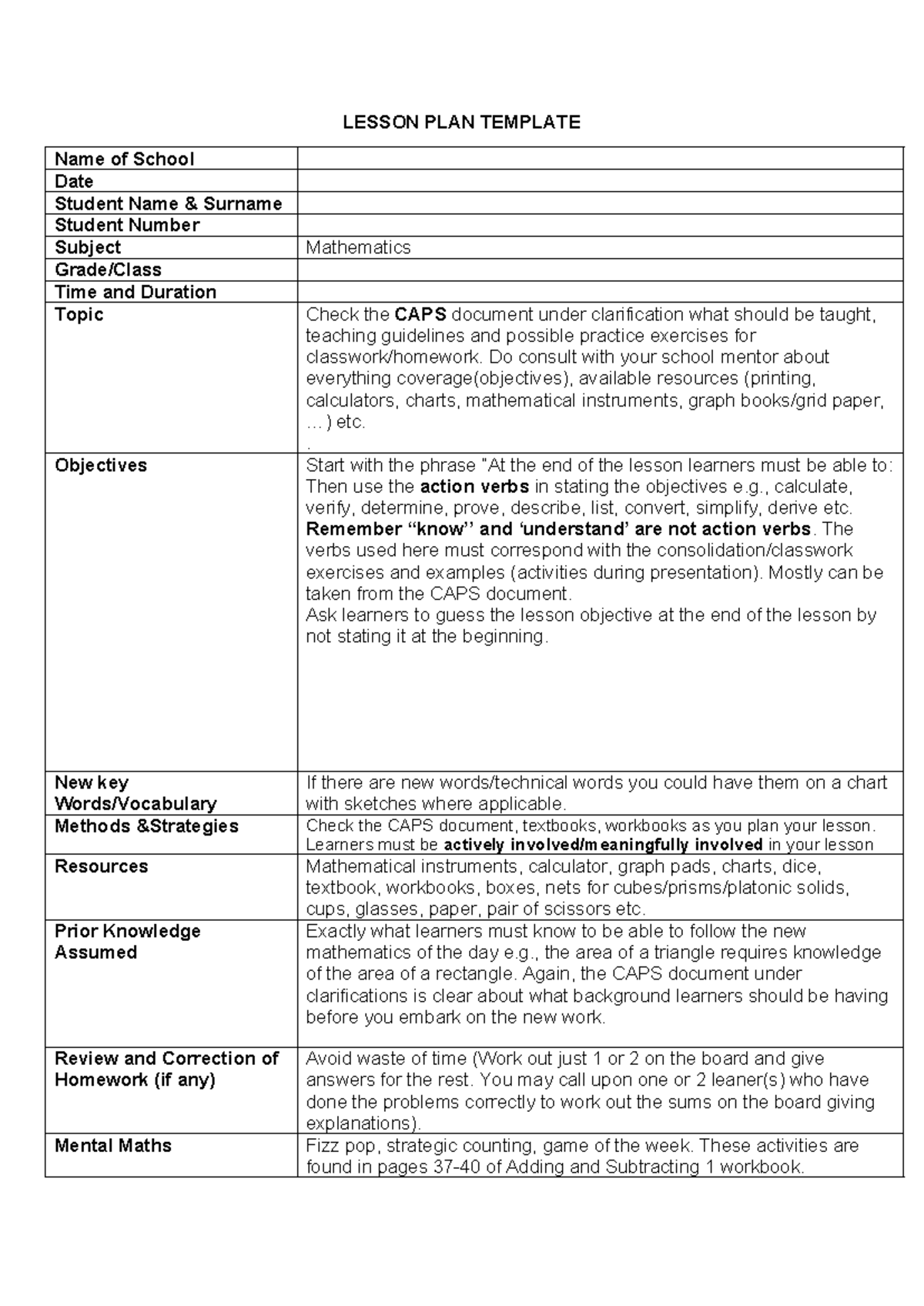 Mathematics Lesson Plan Template 2025: Guidelines & Objectives - Studocu