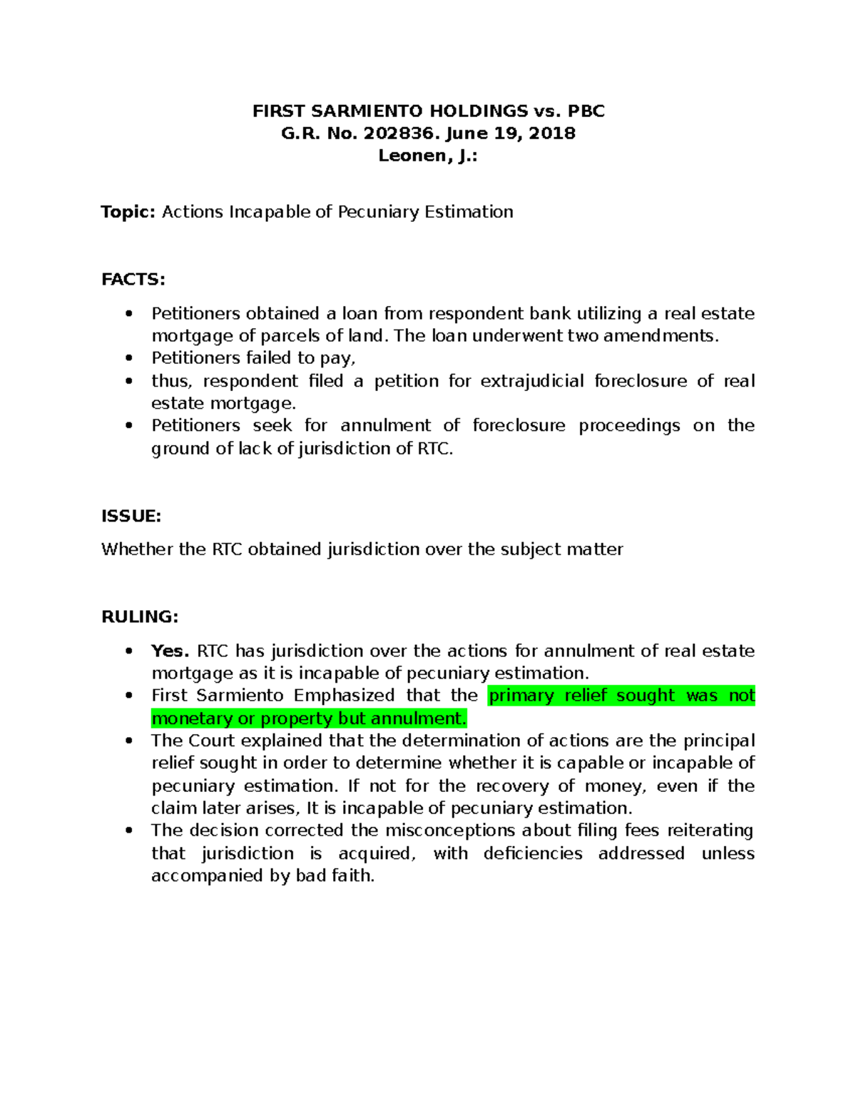 9. First Sarmiento Holdings vs PBC - Jurisdiction in Foreclosure Case ...