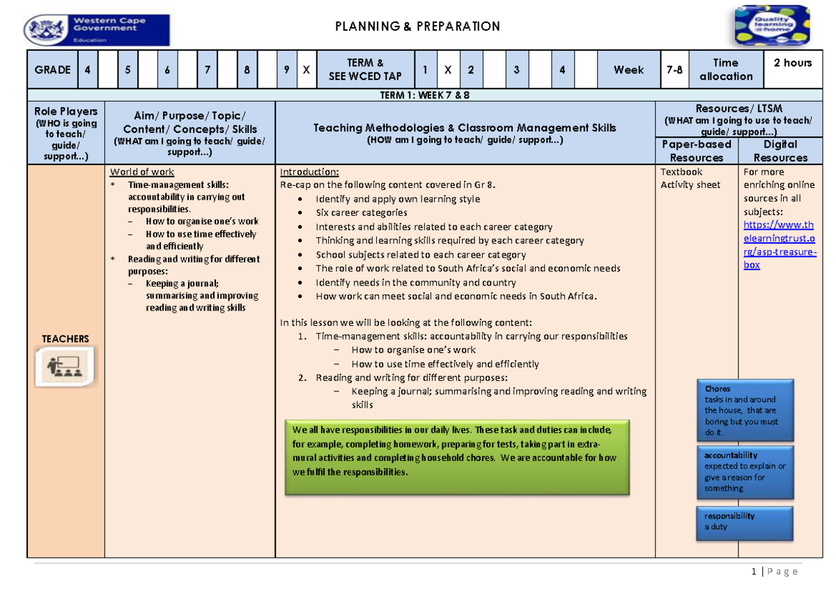 Lesson Plan Gr. 9 Life Orientation T1 W 7&8 - PLANNING & PREPARATION ...