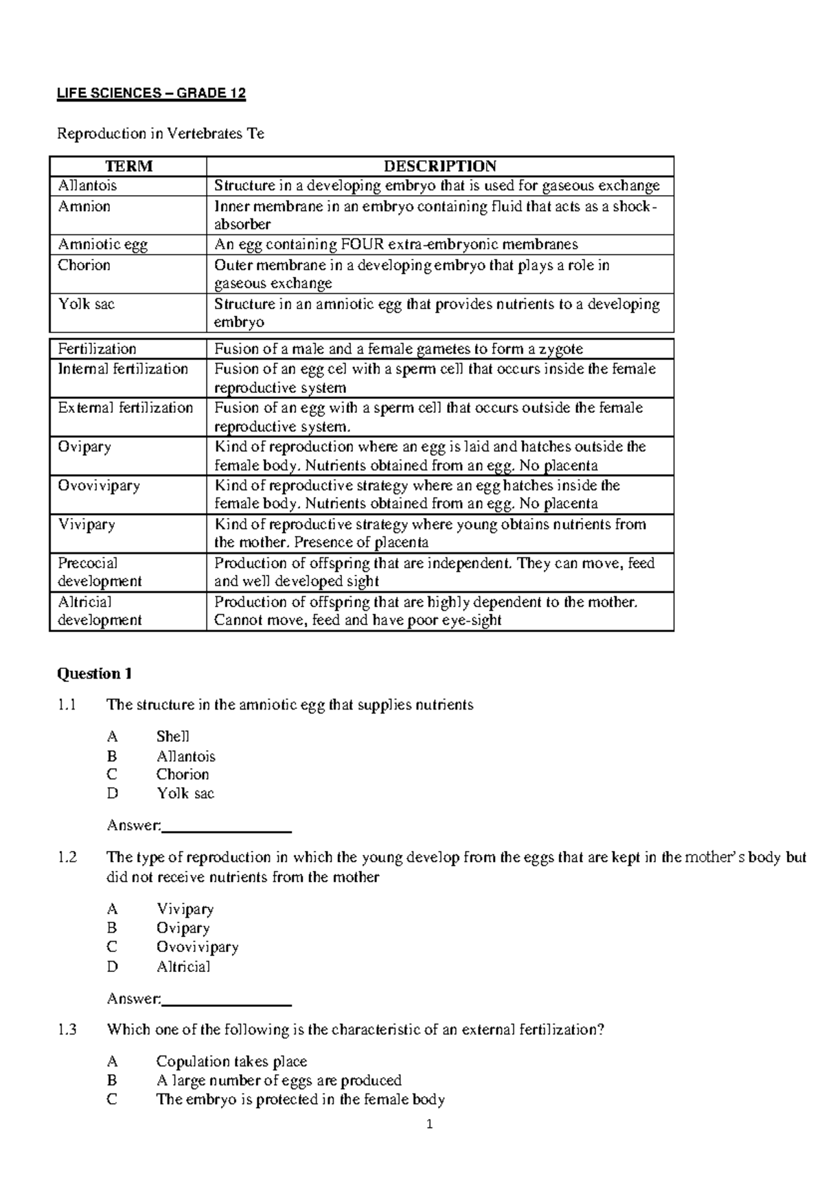 LIFE Sciences - Grade 12 Notes - LIFE SCIENCES – GRADE 12 Reproduction ...