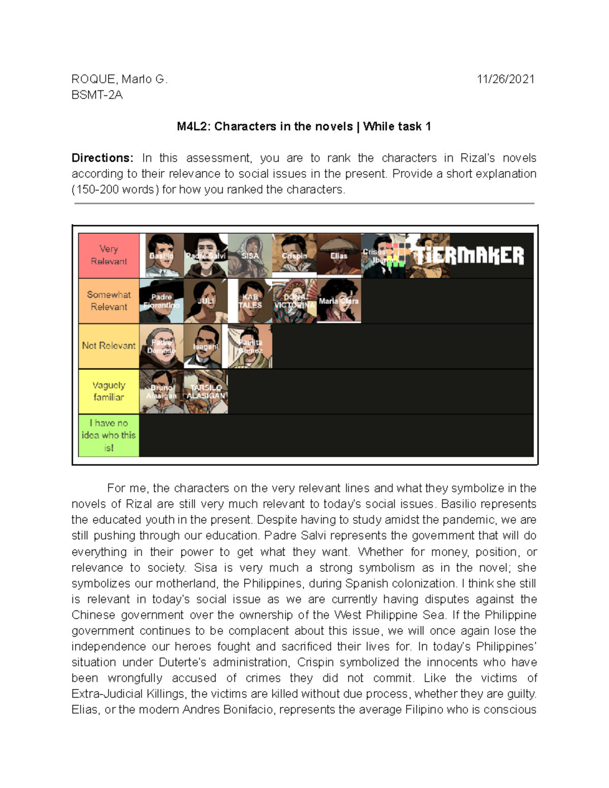 MODULE 4 LESSON 2: WHILE TASK 1 - ROQUE, Marlo G. 11/26/ BSMT-2A M4L2: Characters in the novels ...
