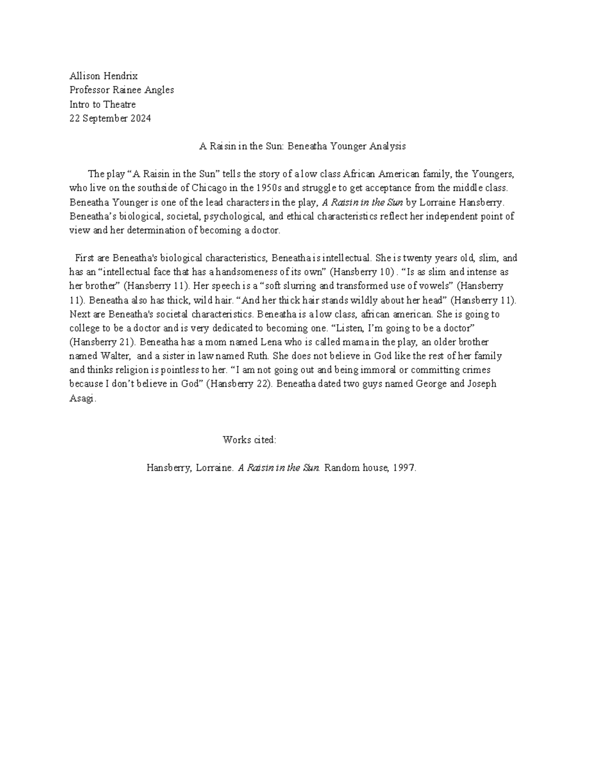 Character Analysis of Beneatha Younger in A Raisin in the Sun (THEA 101 ...