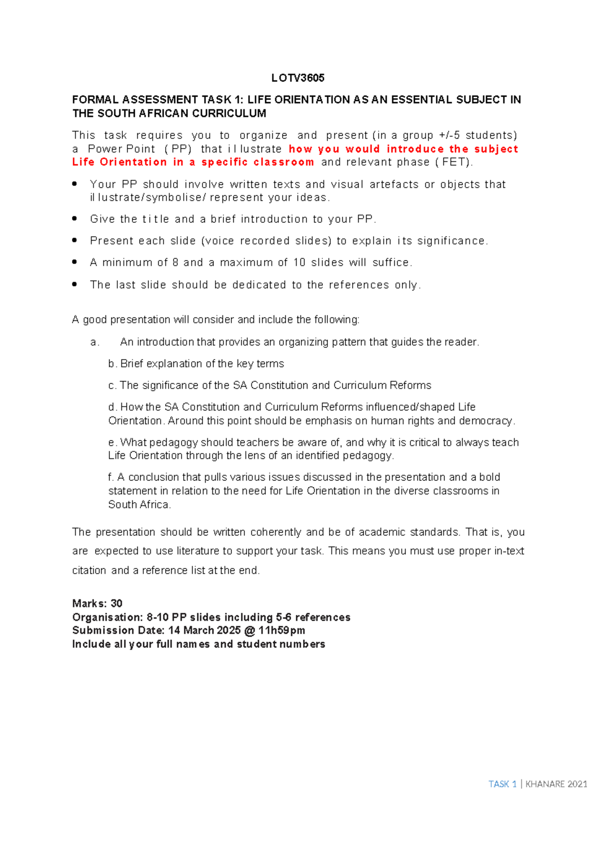 3605 Formal Assessment Task 1: Life Orientation in SA Curriculum - Studocu