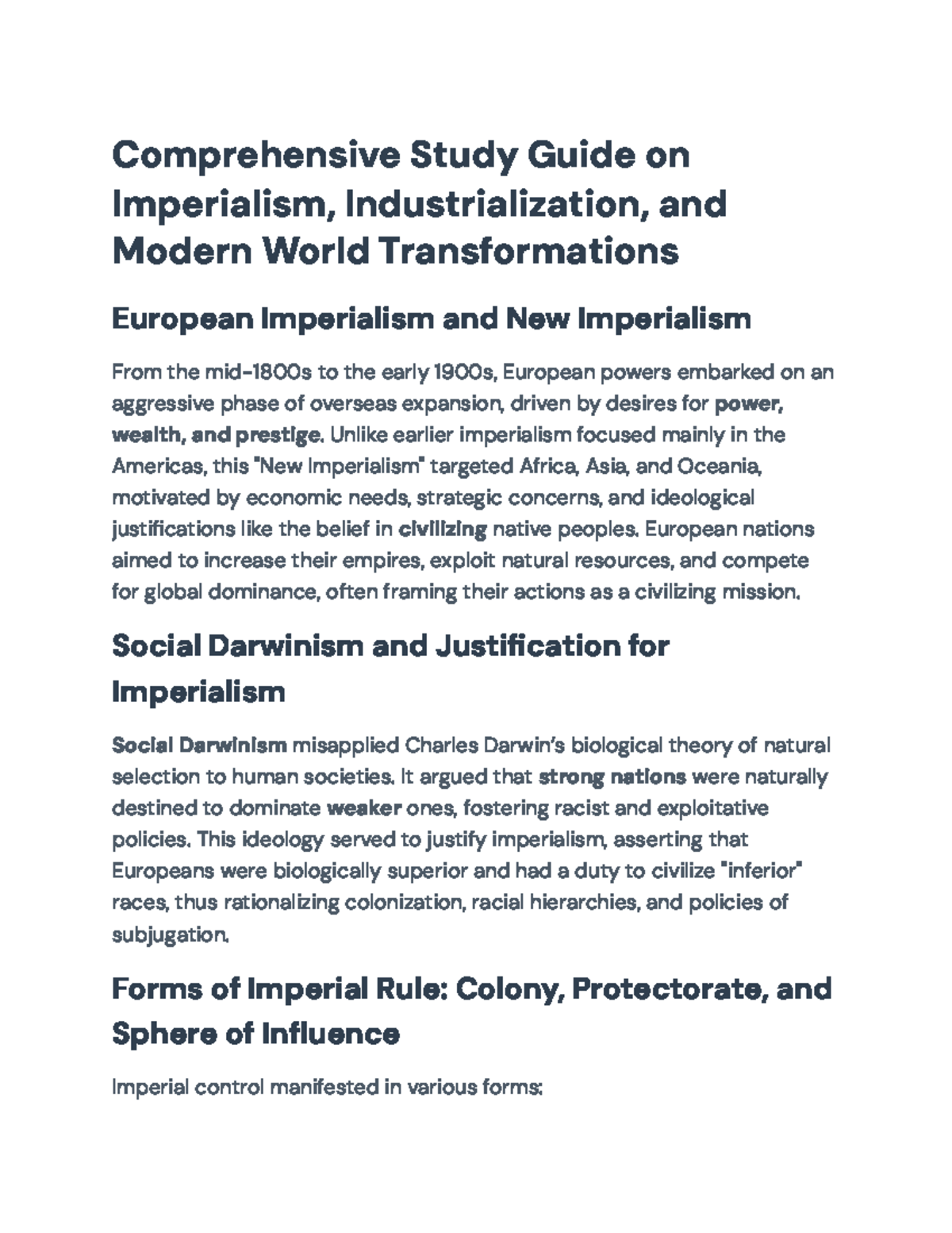 Comprehensive Study Guide: Imperialism & Industrialization (HIST 101 ...