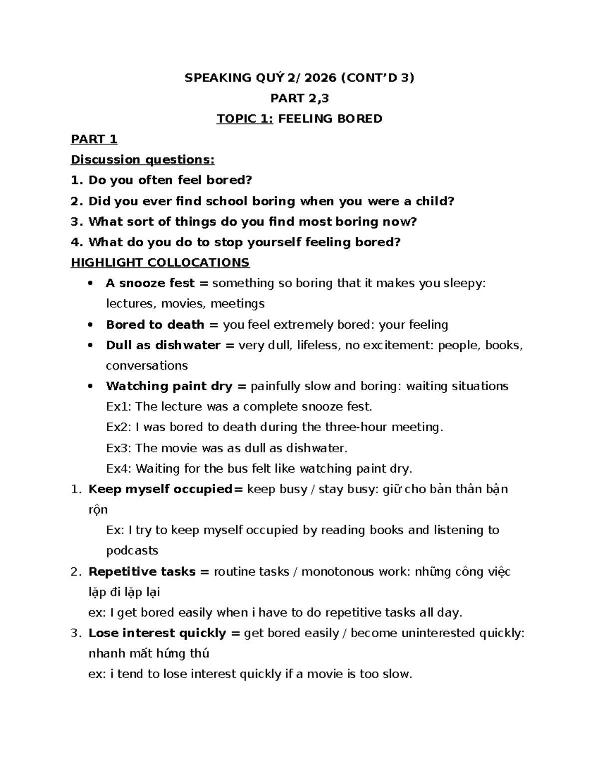 Speaking - Part 2 & 3 Discussion Topics - Quý 2 2026 - Studocu