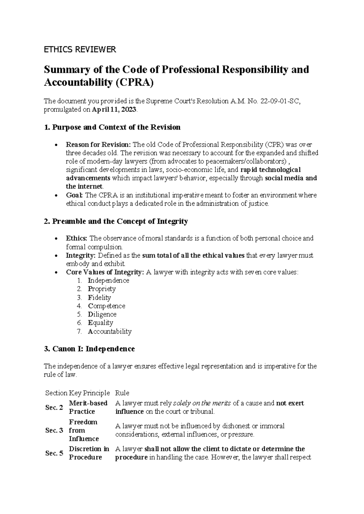 ETHICS REVIEWER: Summary of the Code of Professional Responsibility (CPRA) - Studocu