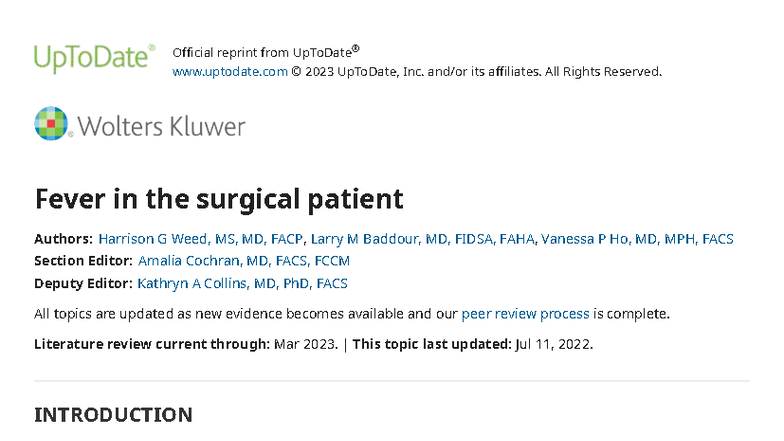 Fever in the Surgical Patient: Insights from UpToDate 2023 - Studocu