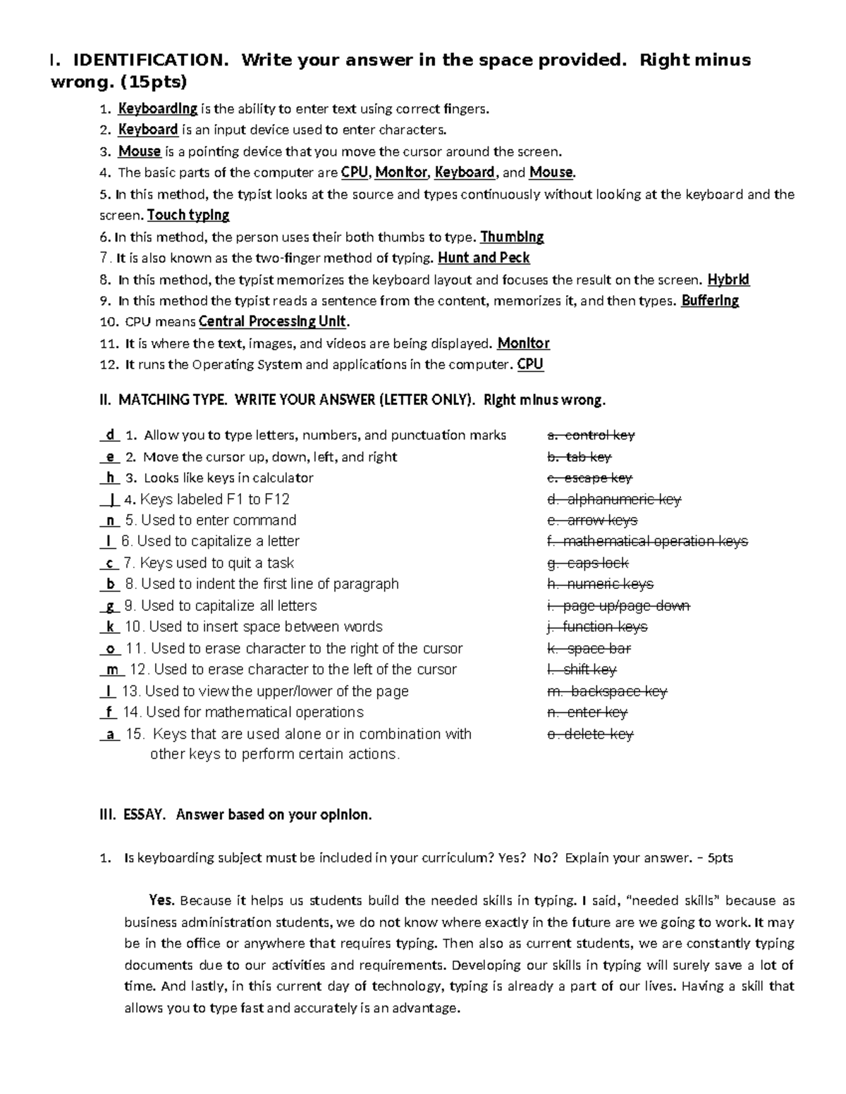 QUIZ I. Keyboarding Concepts and Skills Review - Studocu