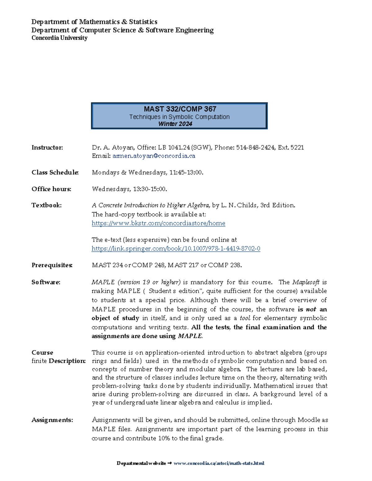 COMP 367 Winter 2024 Course Outline: Techniques in Symbolic Computation ...