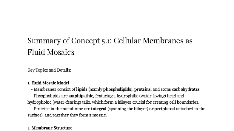 AP Bio Chapter 5 Summary: Membrane Structure & Function - Studocu
