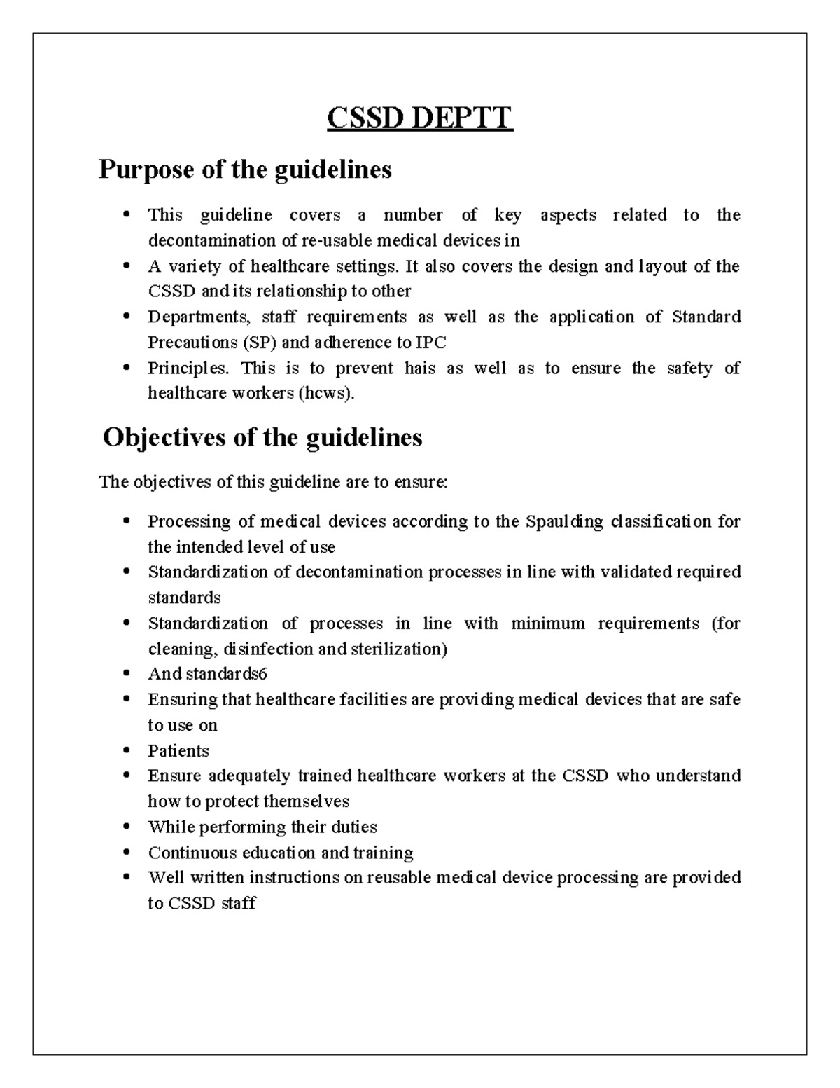 CSSD Deptt Guidelines: Decontamination & Dietary Management - Studocu