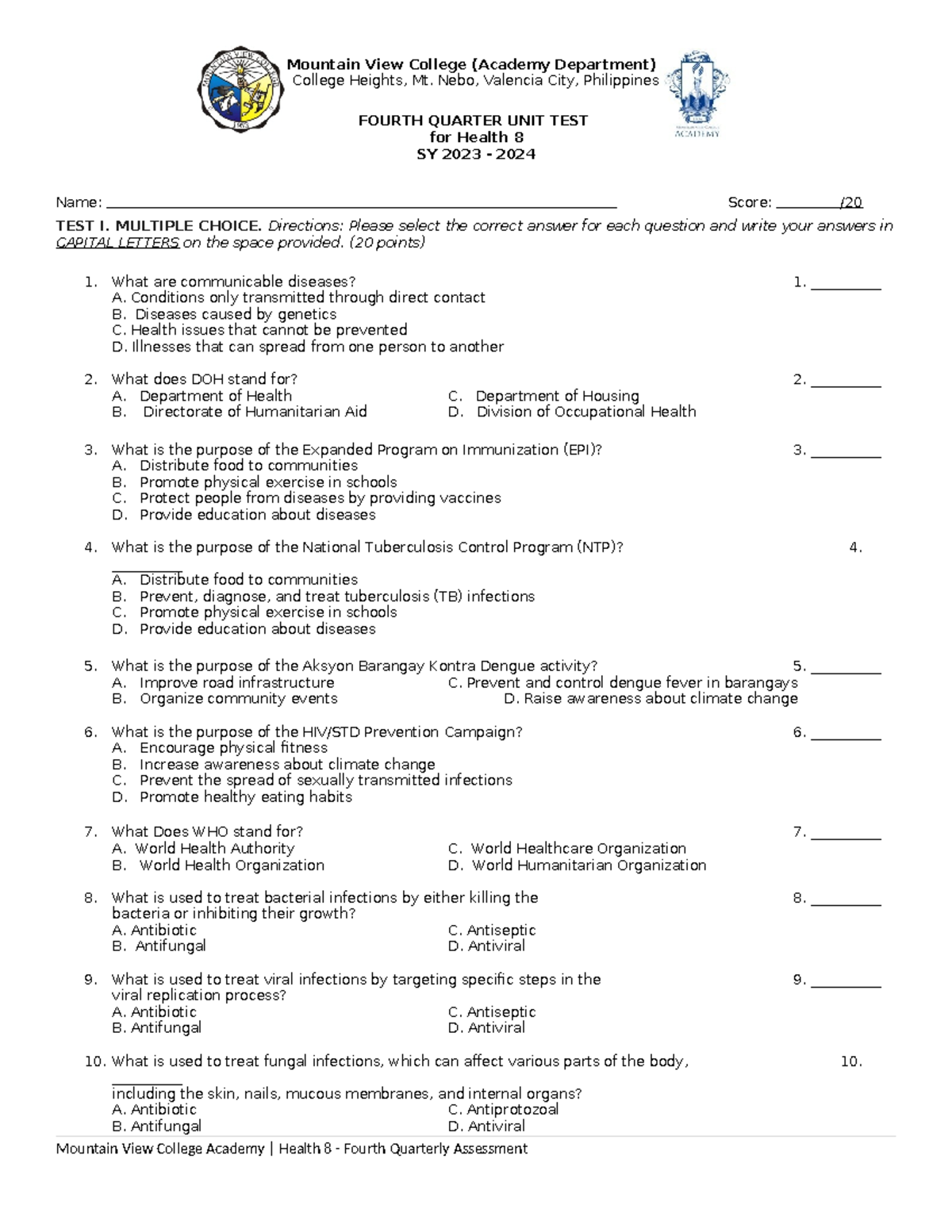 Health UNIT TEST - Unit test - Mountain View College (Academy ...