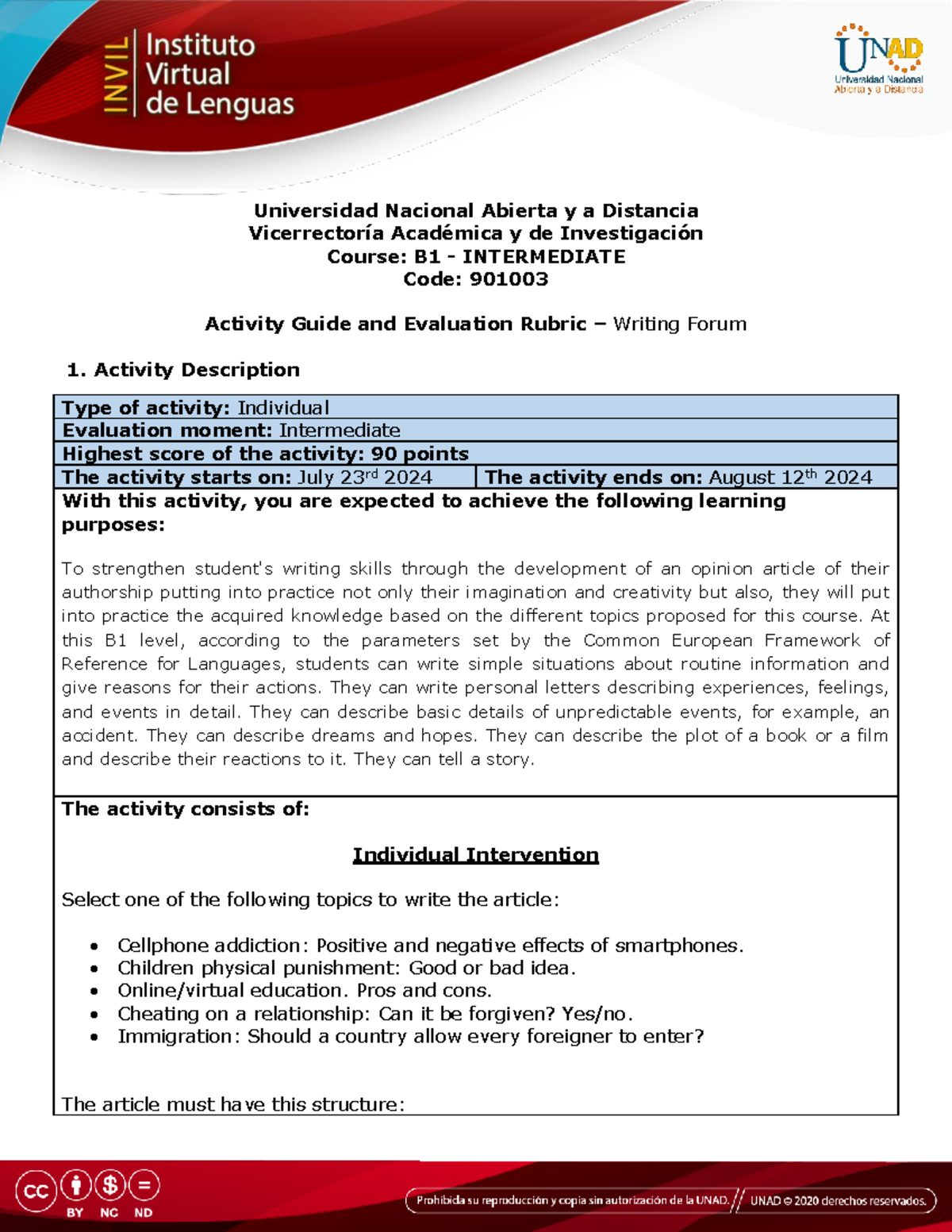 B1 - 901003 Intermediate Writing Forum: Activity Guide & Rubric - Studocu