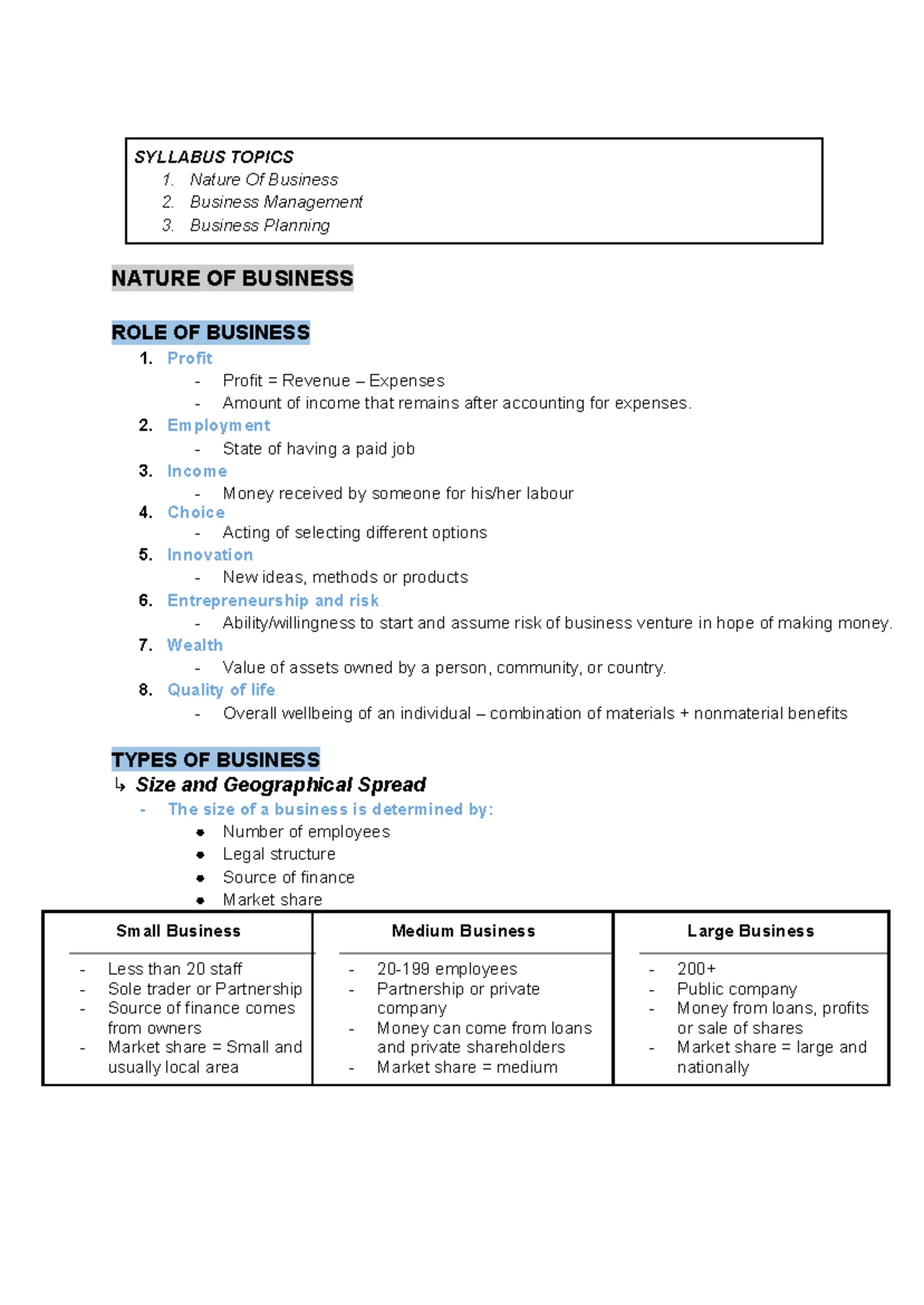 Business Prelim - Summary Notes on Business Roles and Structures - Studocu