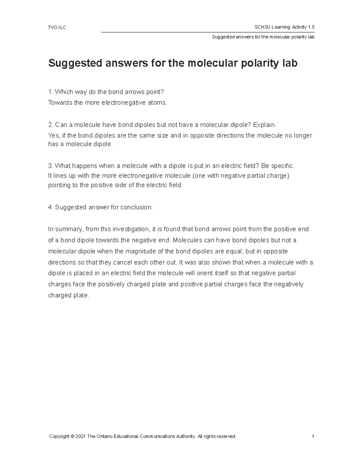 SCH3U Molecular Polarity Lab: Suggested Answers & Analysis - Studocu