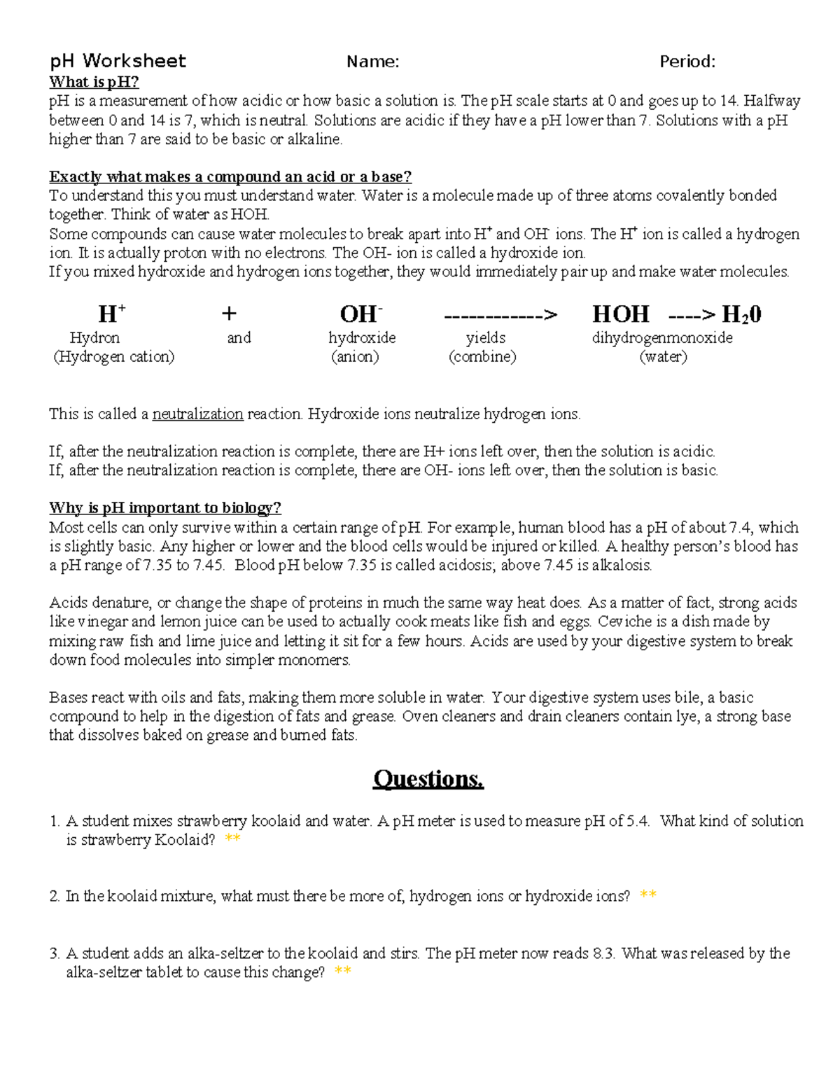pH Worksheet: Understanding Acidity and Basicity in Solutions - Studocu