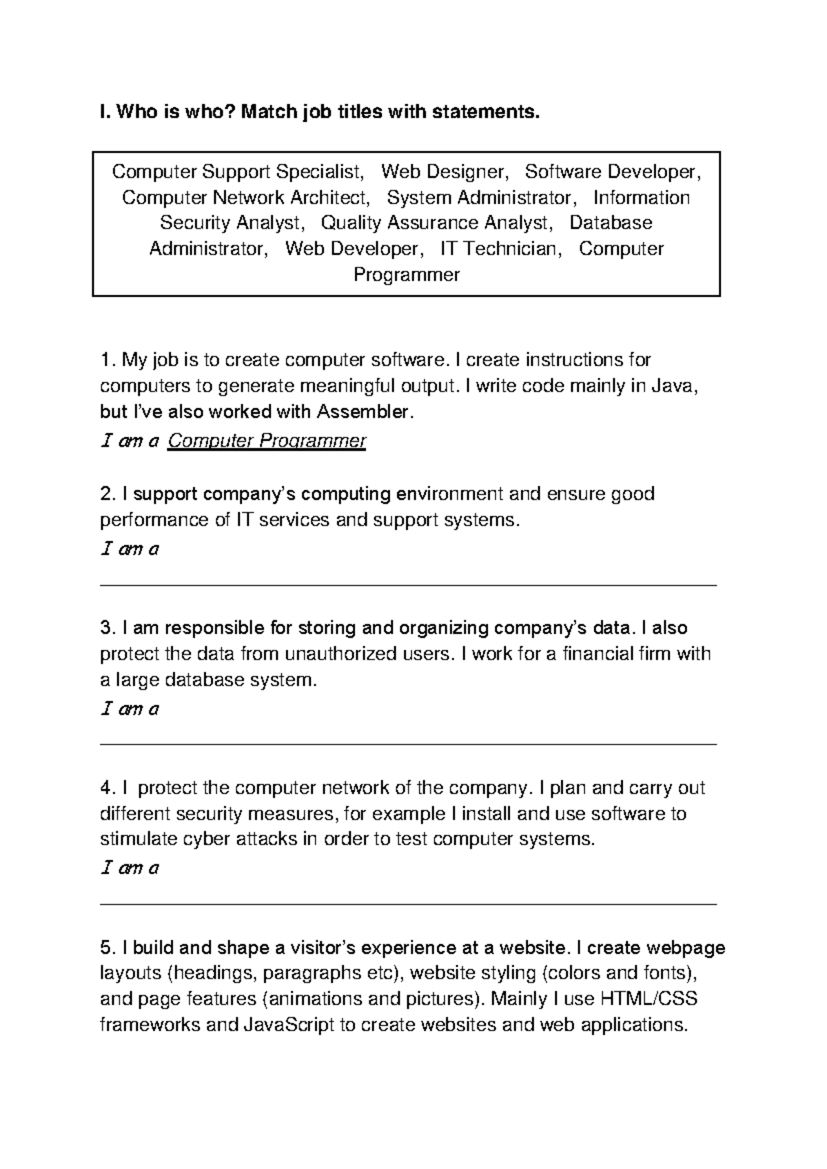 Practice Worksheet: Job Titles in IT Matching Activity - Studocu