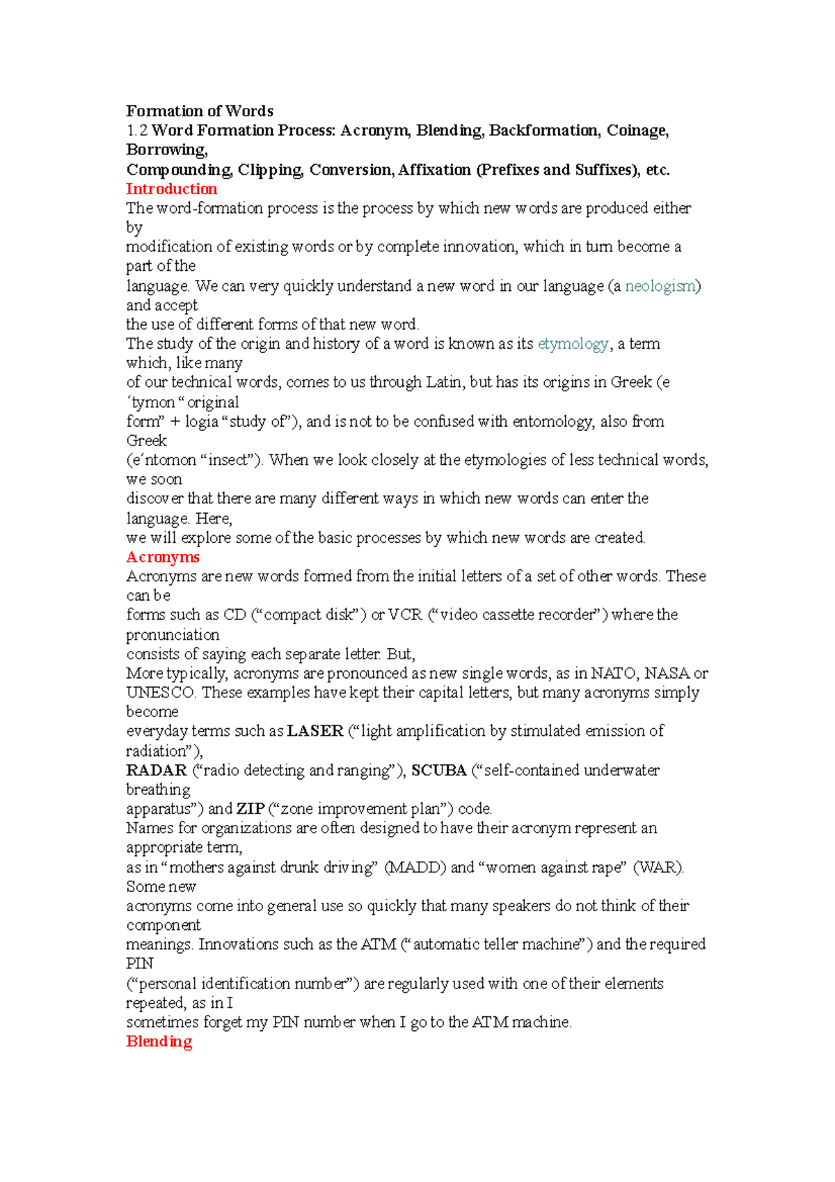 Word formation notes - How words are born - Formation of Words 1 Word ...