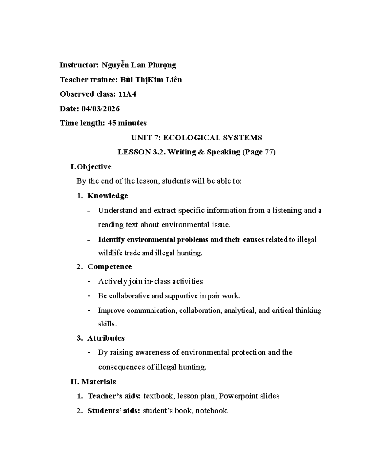 Đề cương LP G7: Unit 7 - Lesson 3.2 Writing & Speaking on Ecological ...