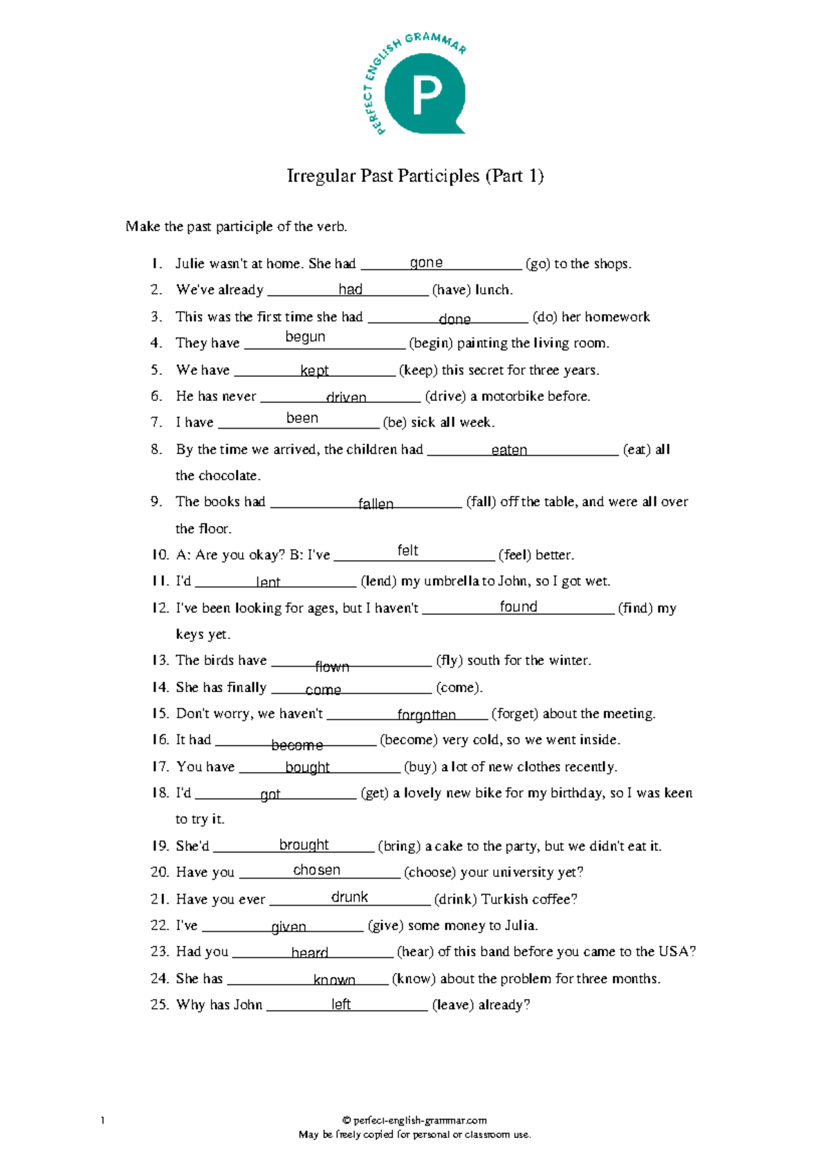 Irregular Past Participles (Part 1) - 50 Verbs Overview - Studocu