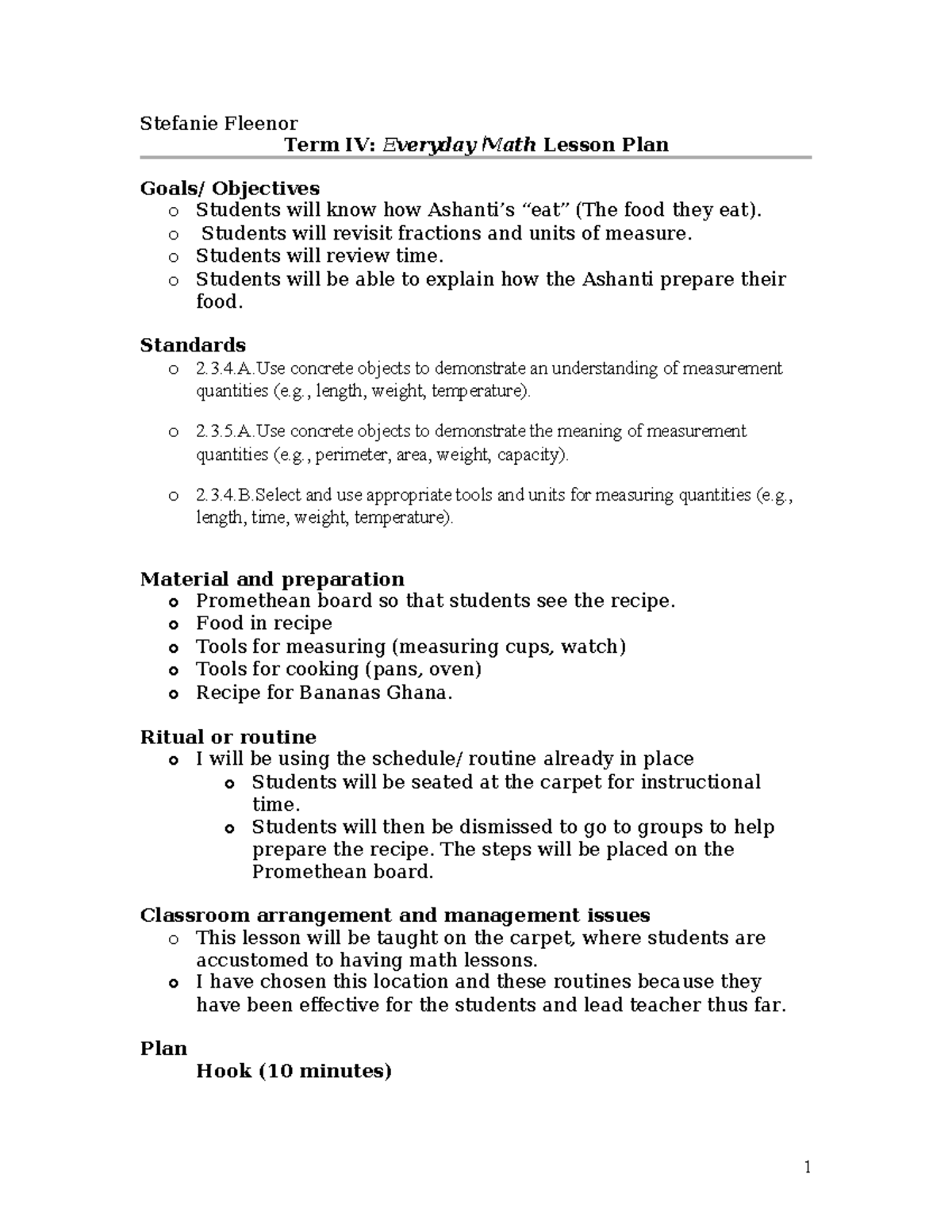 Stefanie Fleenor Term IV: Everyday Math Lesson Plan & Objectives - Studocu