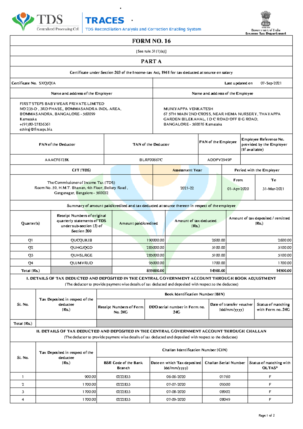Form No. 16 TDS Certificate for Employee ADDPV2949P (2021-22) - Studocu