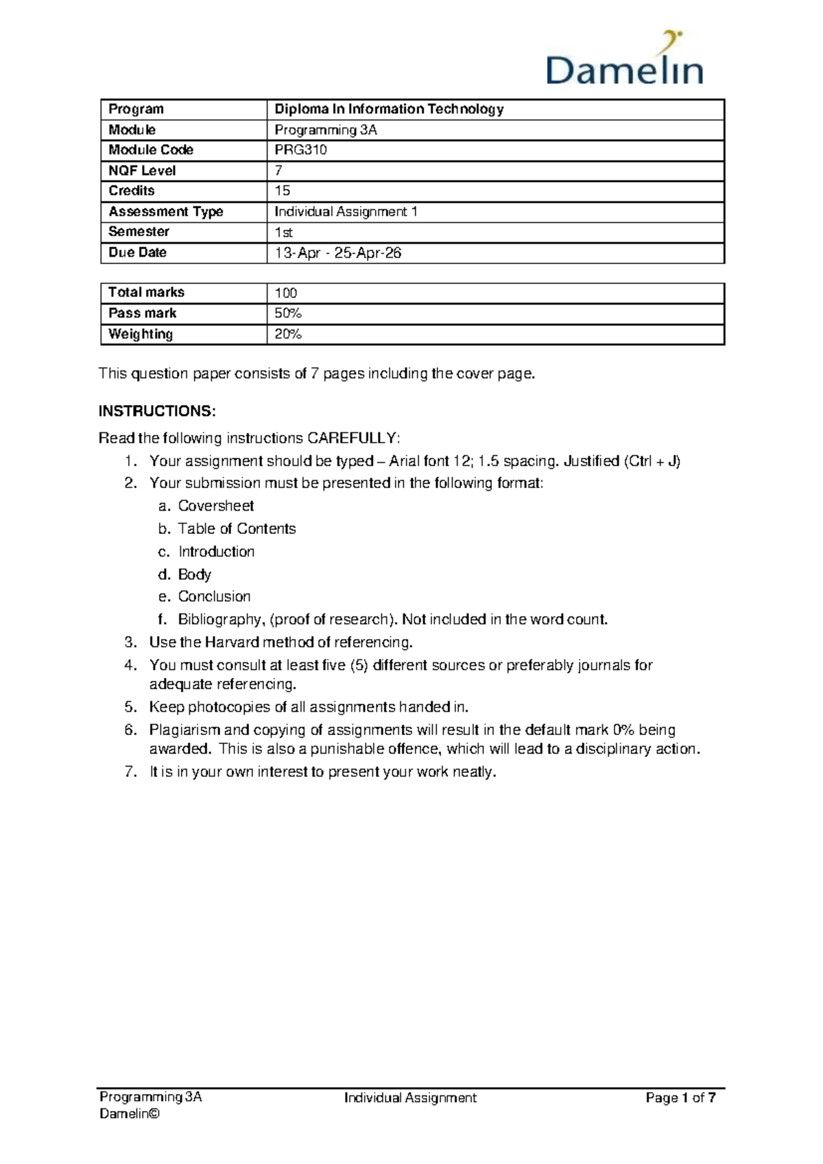 Programming 3A PRG310 Individual Assignment Guidelines and Tasks - Studocu