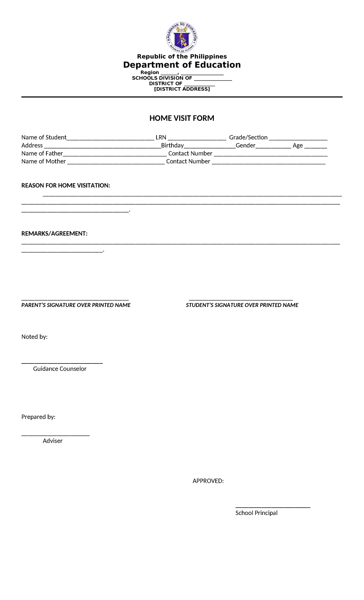 HOME Visitation FORM - Sample Materials - Republic of the Philippines ...