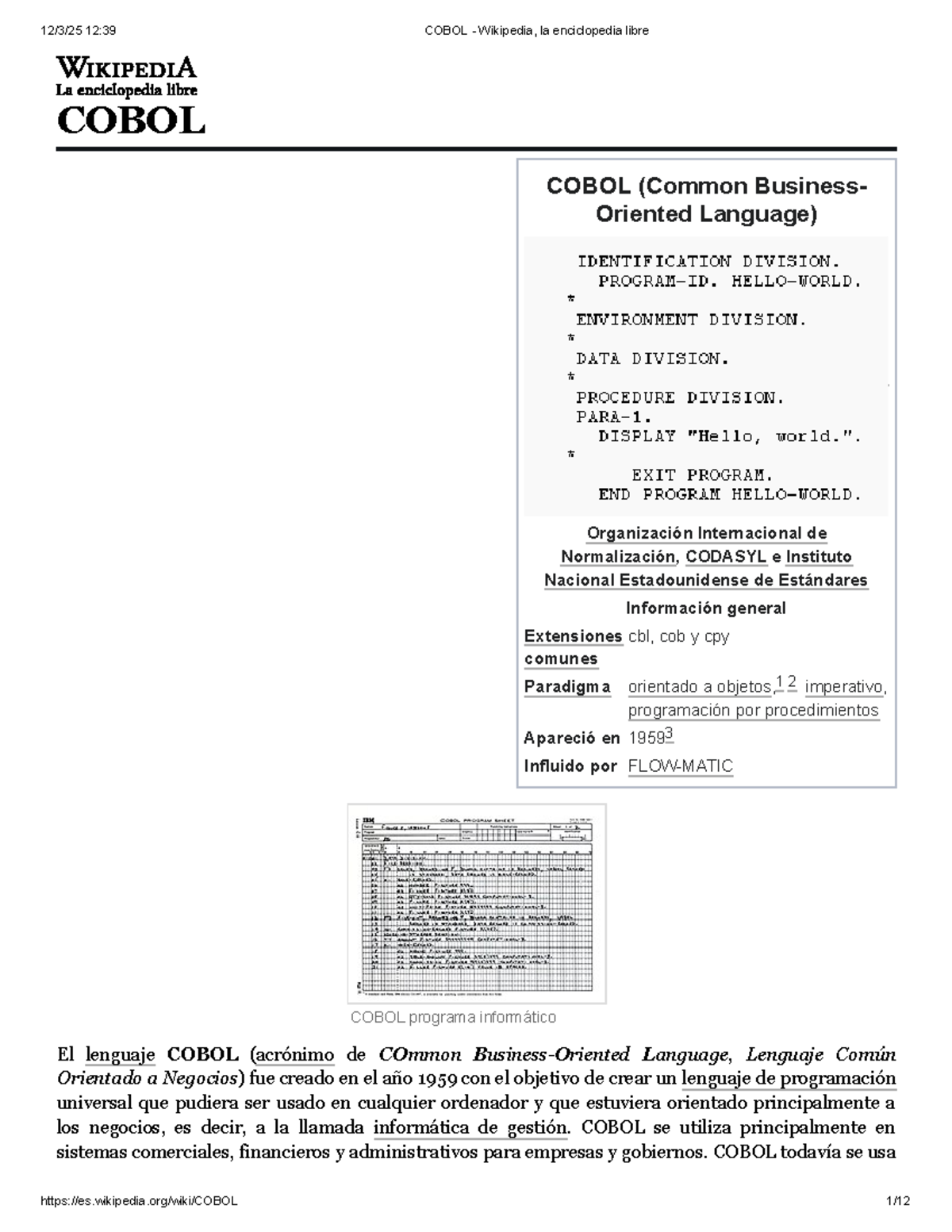 Lenguaje cobol - COBOL (Common Business- Oriented Language) Organización Internacional de - Studocu