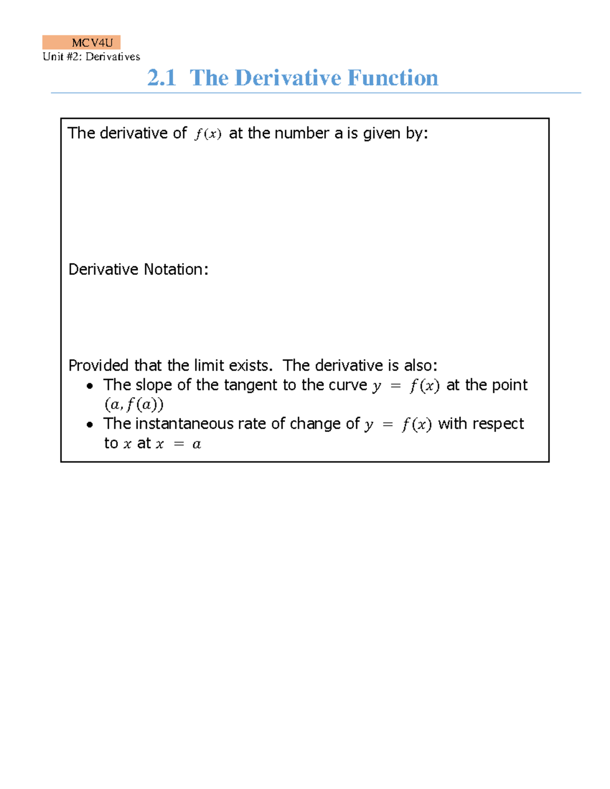 MCV4U Derivatives Unit 2.1: The Derivative Function Lesson - Studocu