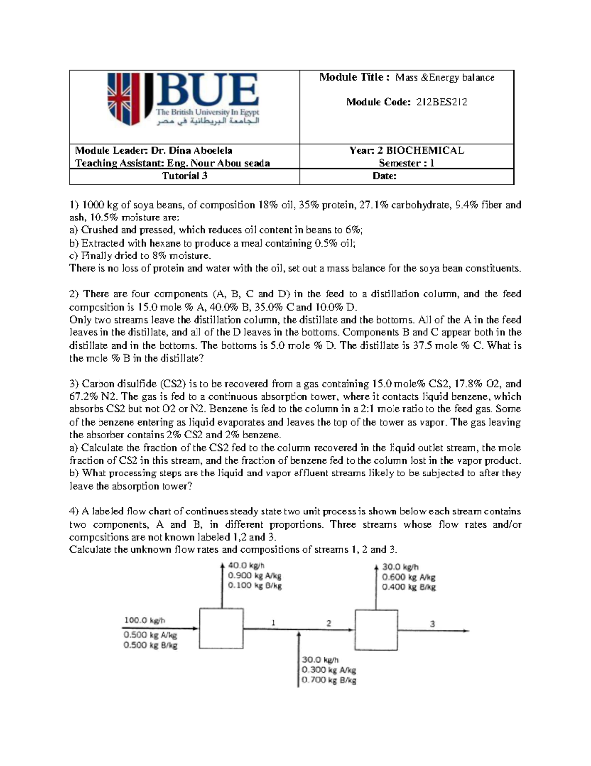 Tutorial 3 - Mass Balance in Chemical Engineering (212BES212) - Studocu