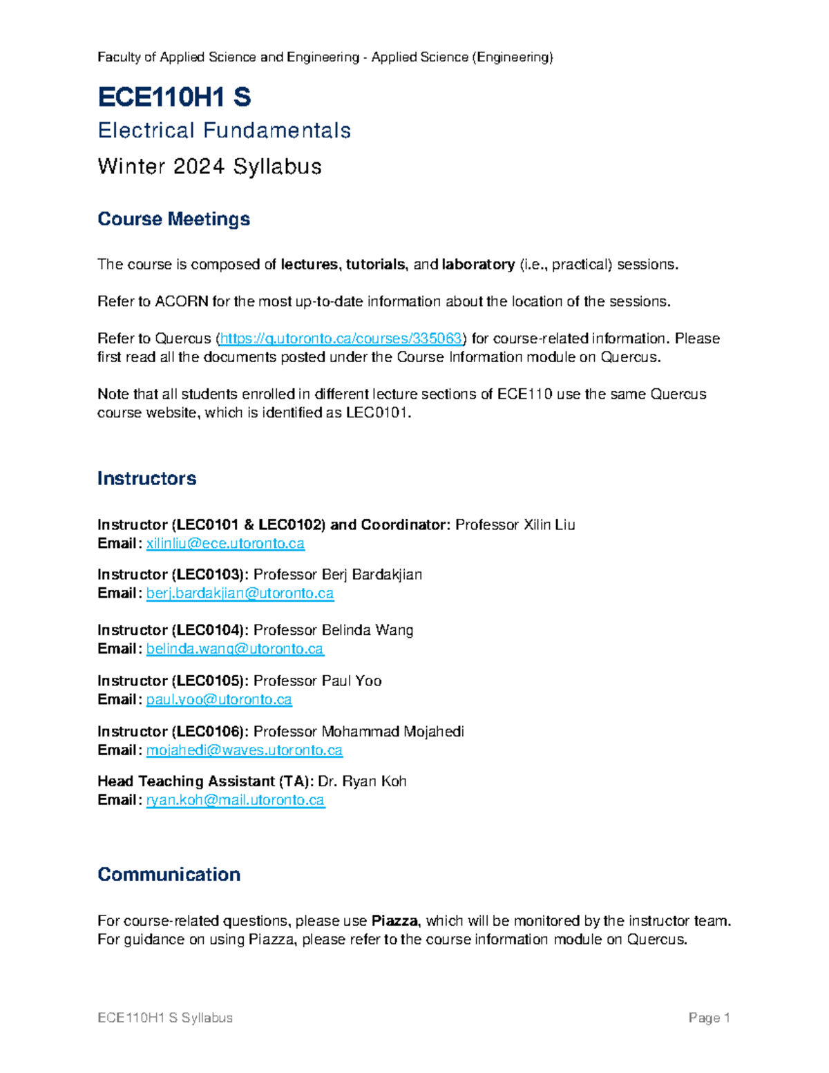 ECE110H1 Winter 2024 Electrical Fundamentals Syllabus - Studocu